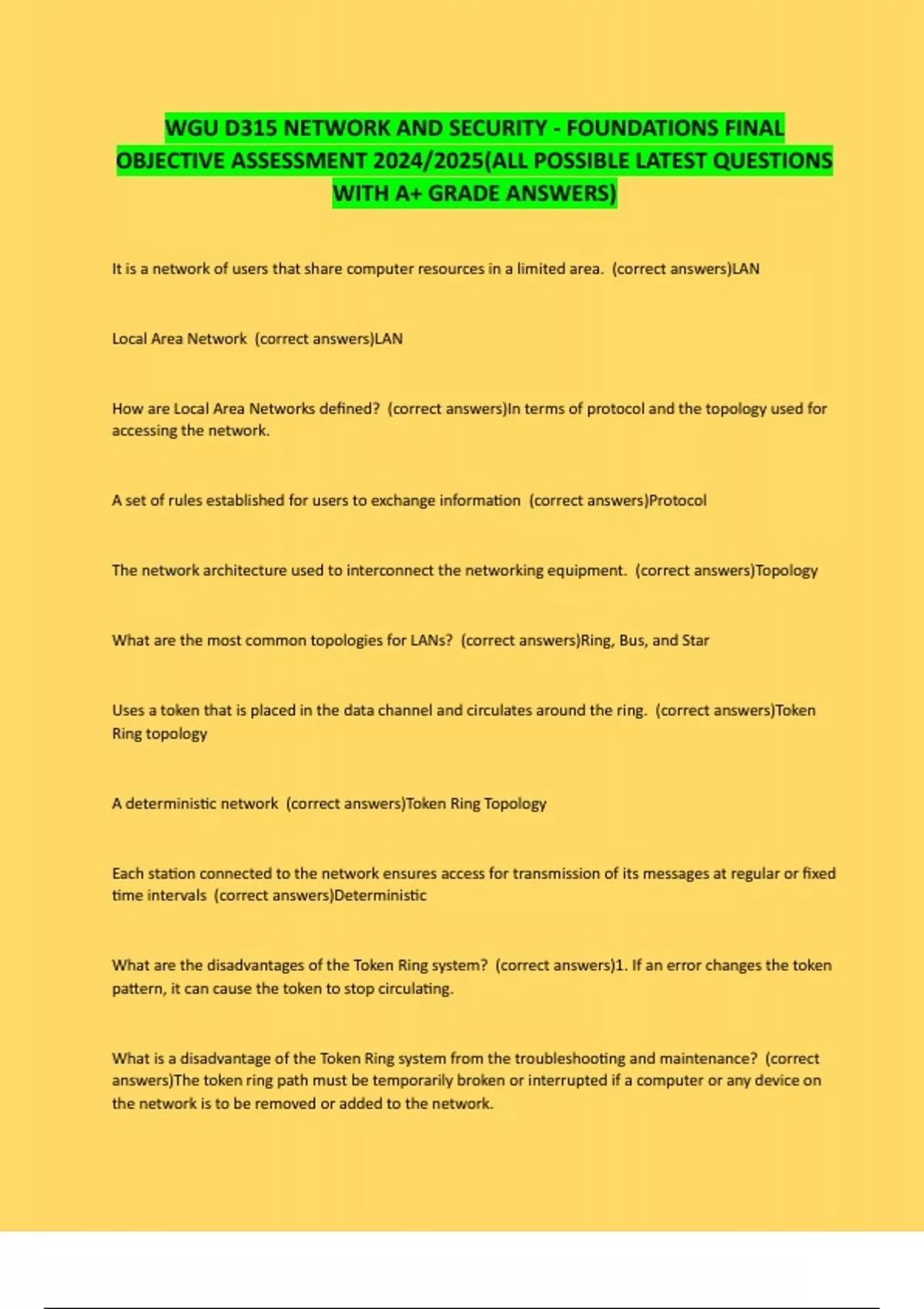 WGU D315 NETWORK AND SECURITY - FOUNDATIONS FINAL OBJECTIVE ASSESSMENT ...