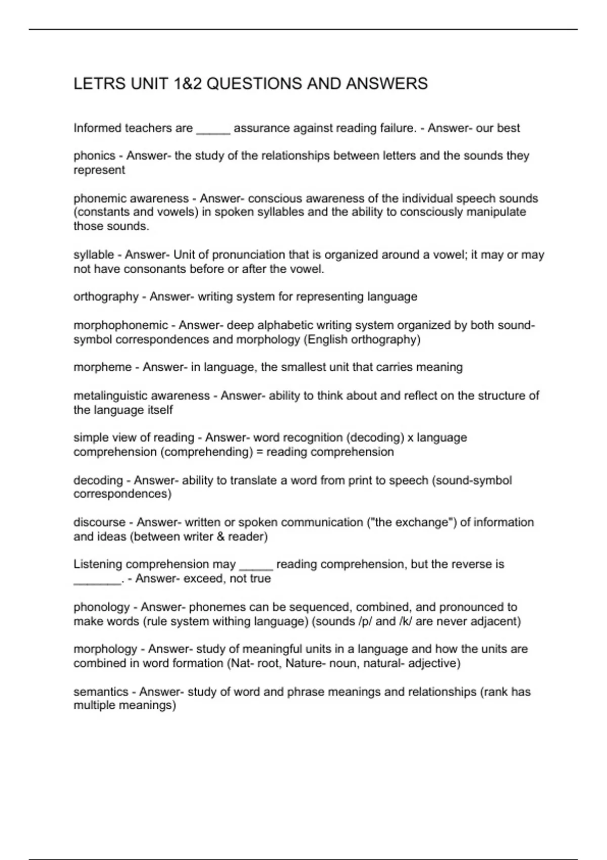 LETRS UNIT 1&2 QUESTIONS AND ANSWERS - Letrs - Stuvia US