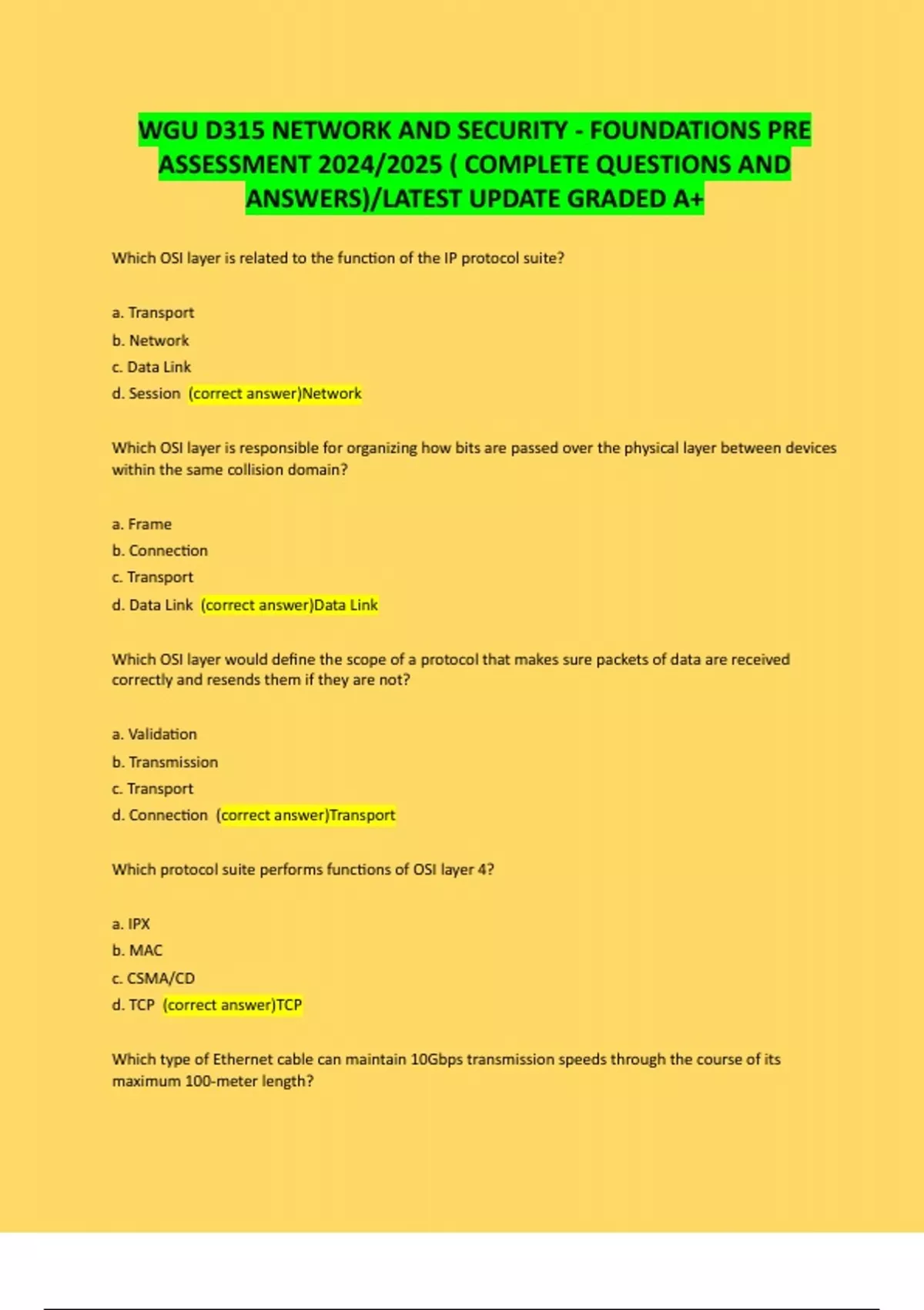 WGU D315 NETWORK AND SECURITY - FOUNDATIONS PRE ASSESSMENT 2024/2025 ...