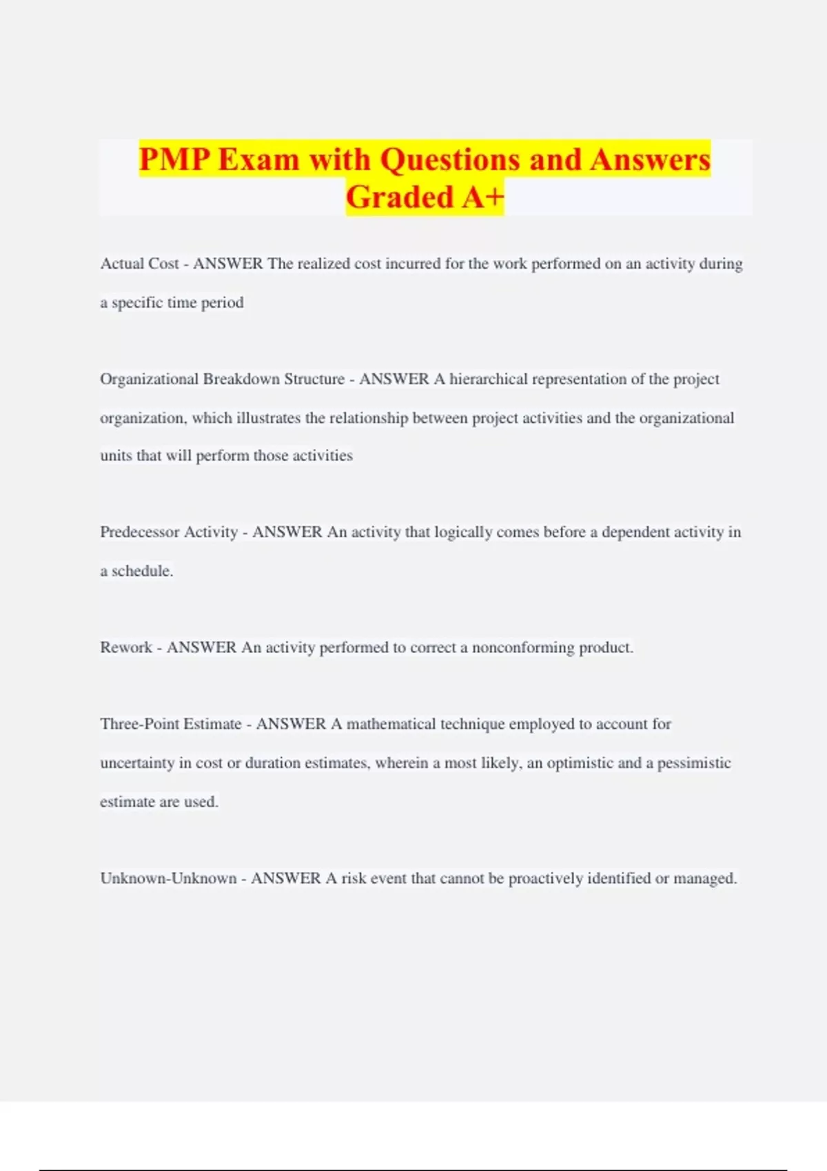 Bundle of PMP Exams with Questions Solved 100% Correct - Stuvia US