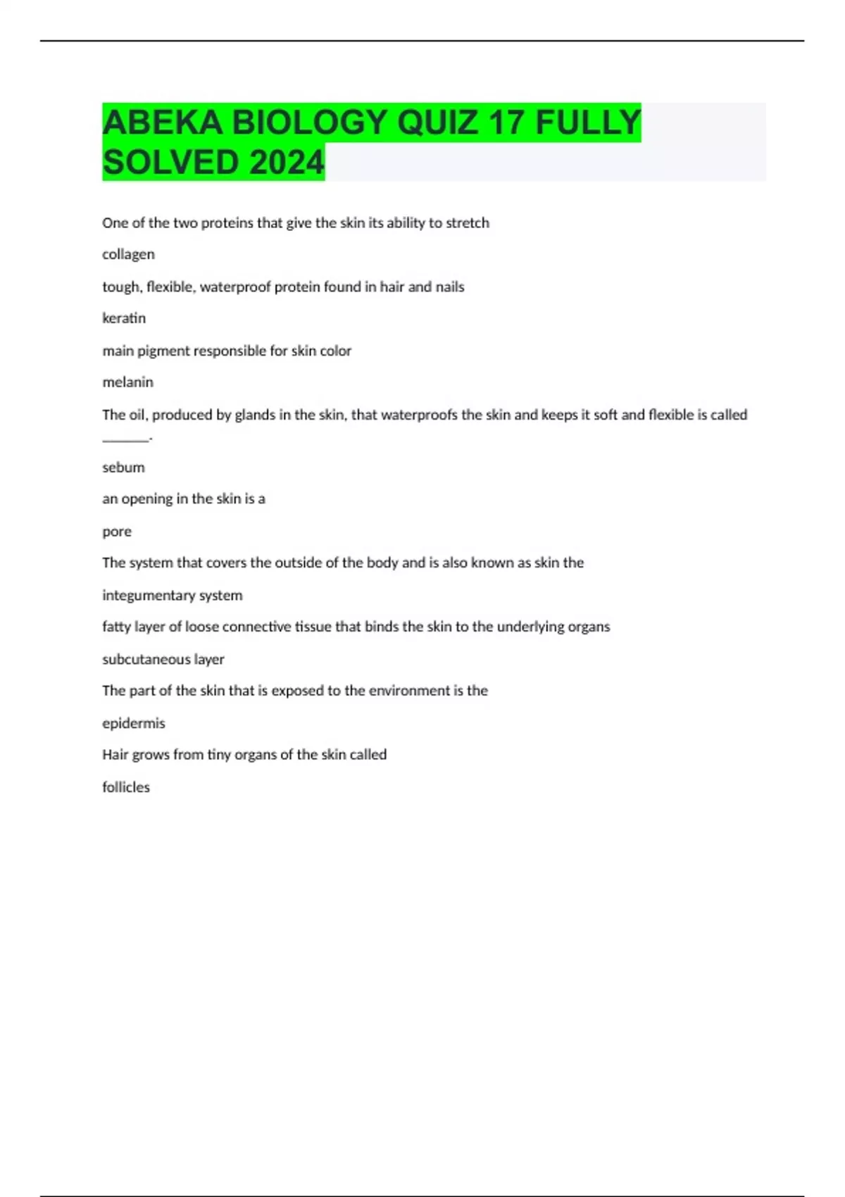 ABEKA BIOLOGY QUIZ 17 FULLY SOLVED 2024 - Abeka - Stuvia US