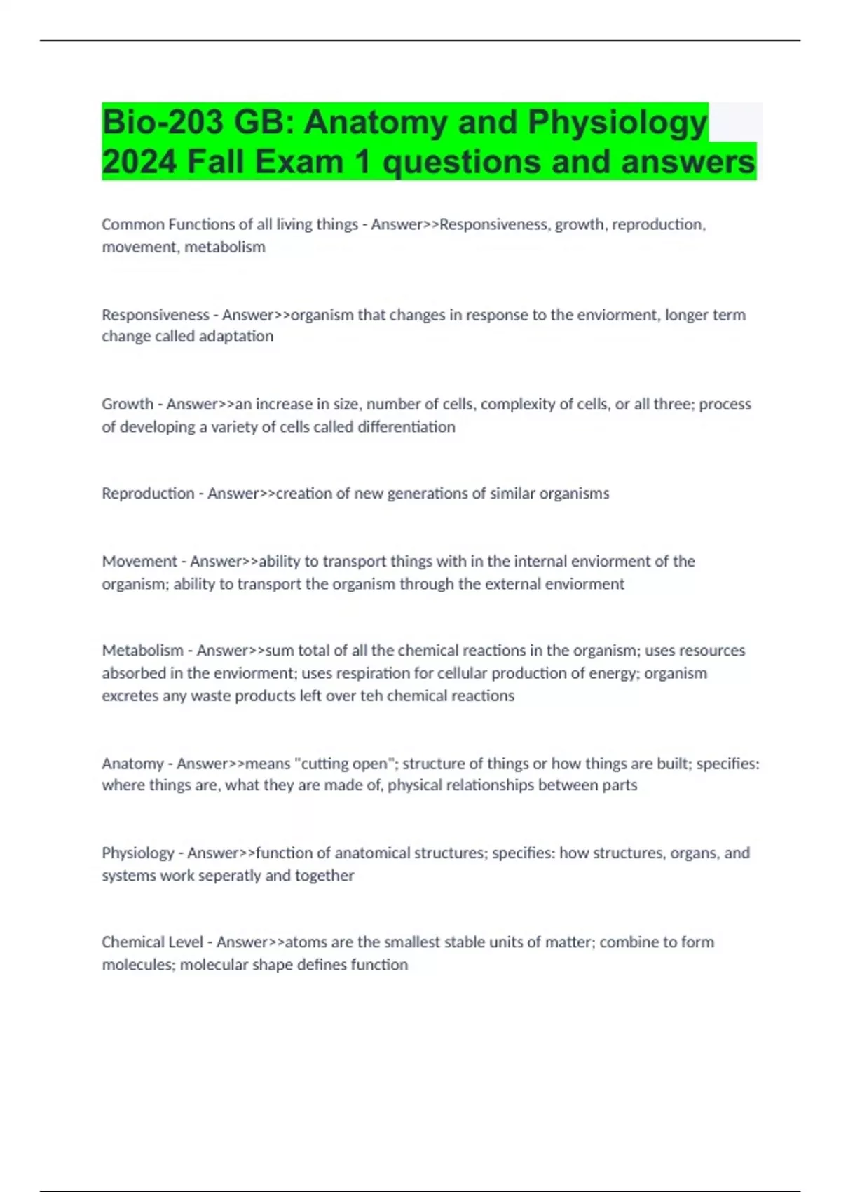 Bio-203 GB: Anatomy and Physiology 2024 Fall Exam 1 questions and ...