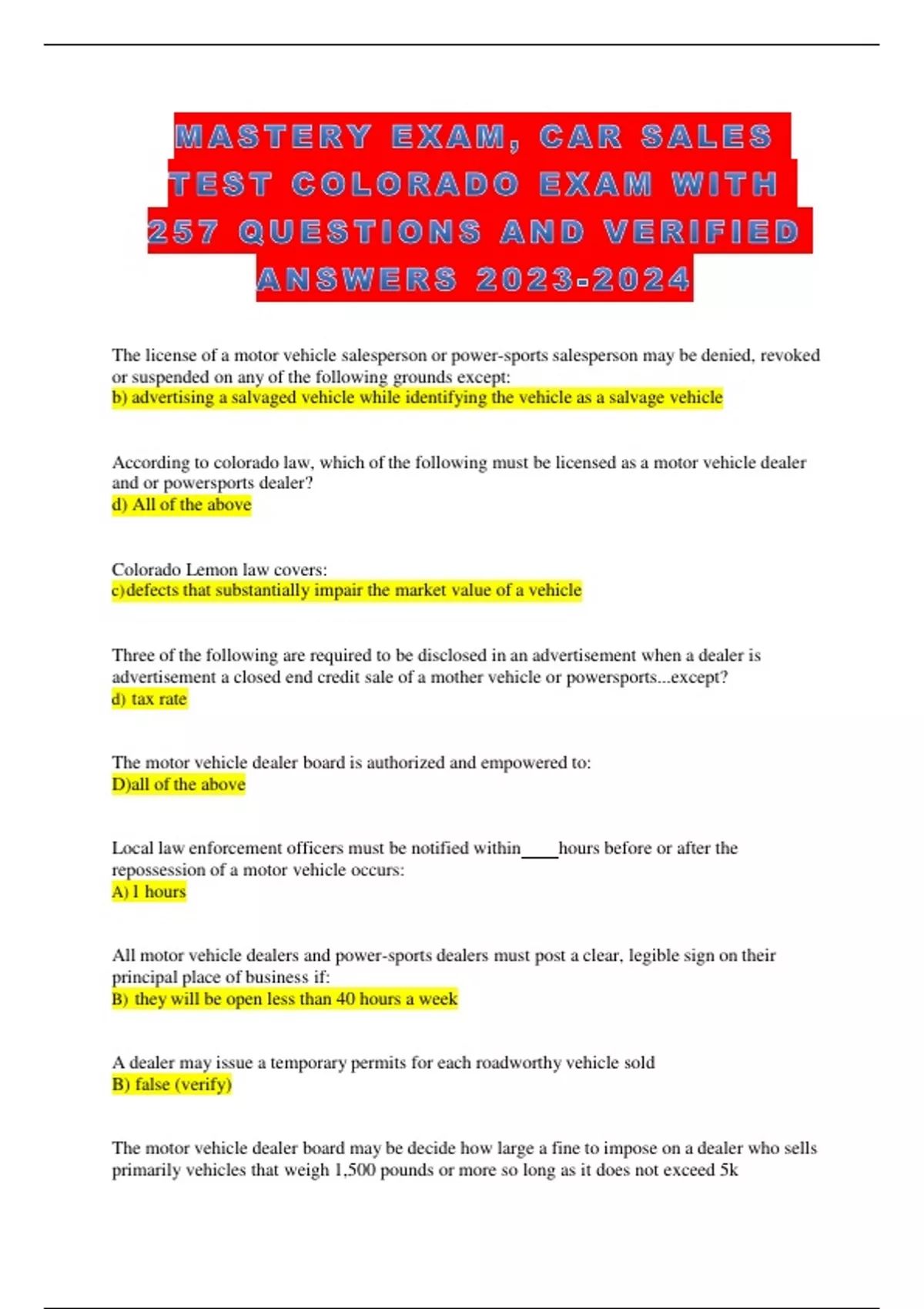 MASTERY EXAM, CAR SALES TEST COLORADO EXAM WITH 257 QUESTIONS AND ...