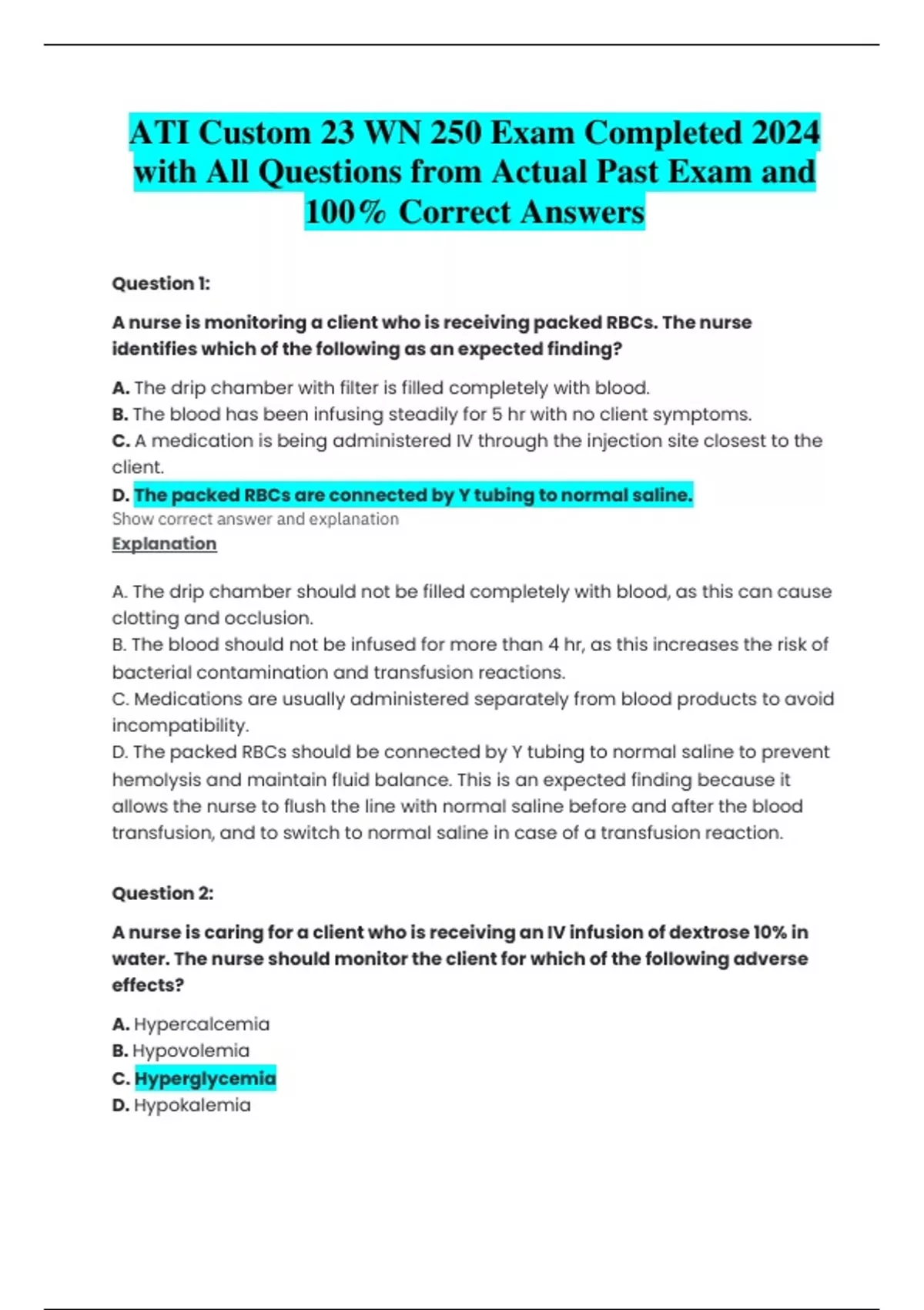 ATI Custom 23 WN 250 Exam Completed 2024 with All Questions from Actual Past Exam and 100% ...