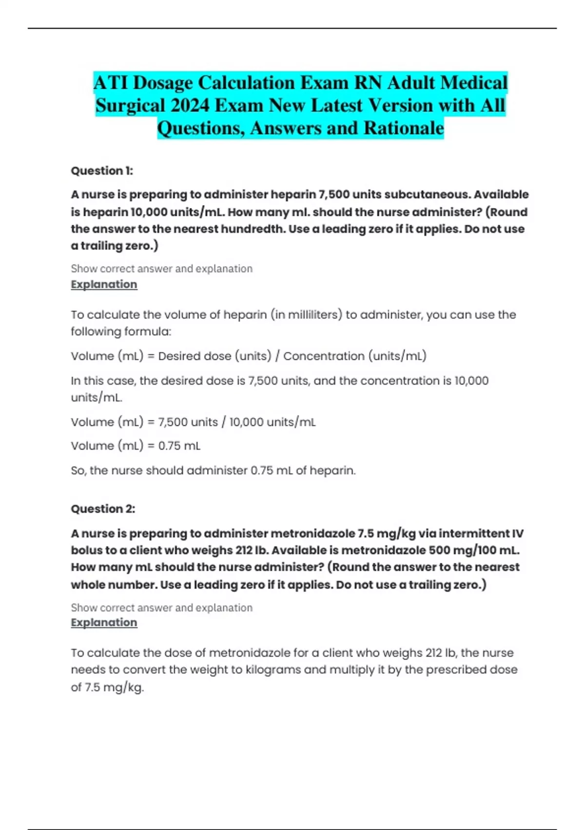 ATI Dosage Calculation Exam RN Adult Medical Surgical 2024 Exam New ...