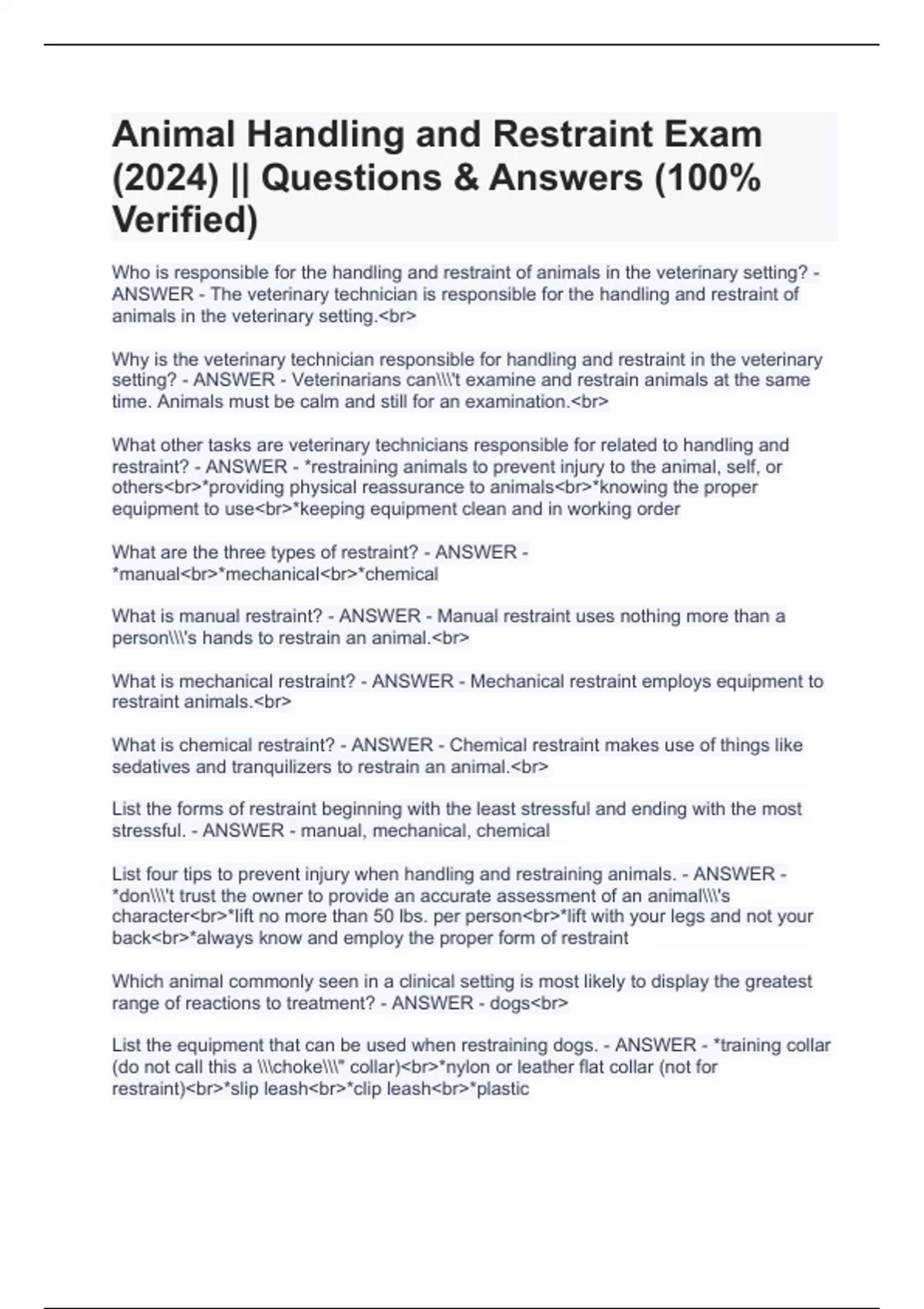 Animal Handling and Restraint Exam (2024) || Questions & Answers (100% ...