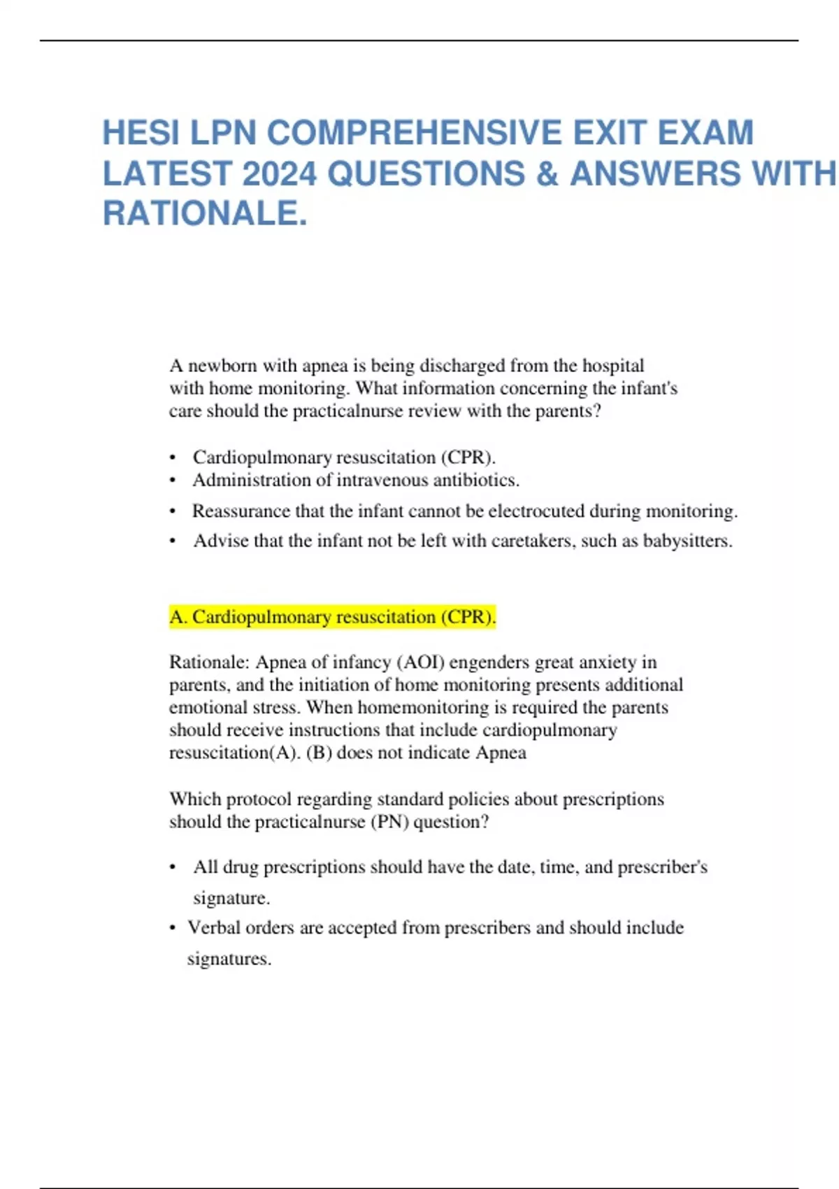 HESI LPN COMPREHENSIVE EXIT EXAM LATEST 2024 QUESTIONS & ANSWERS WITH ...