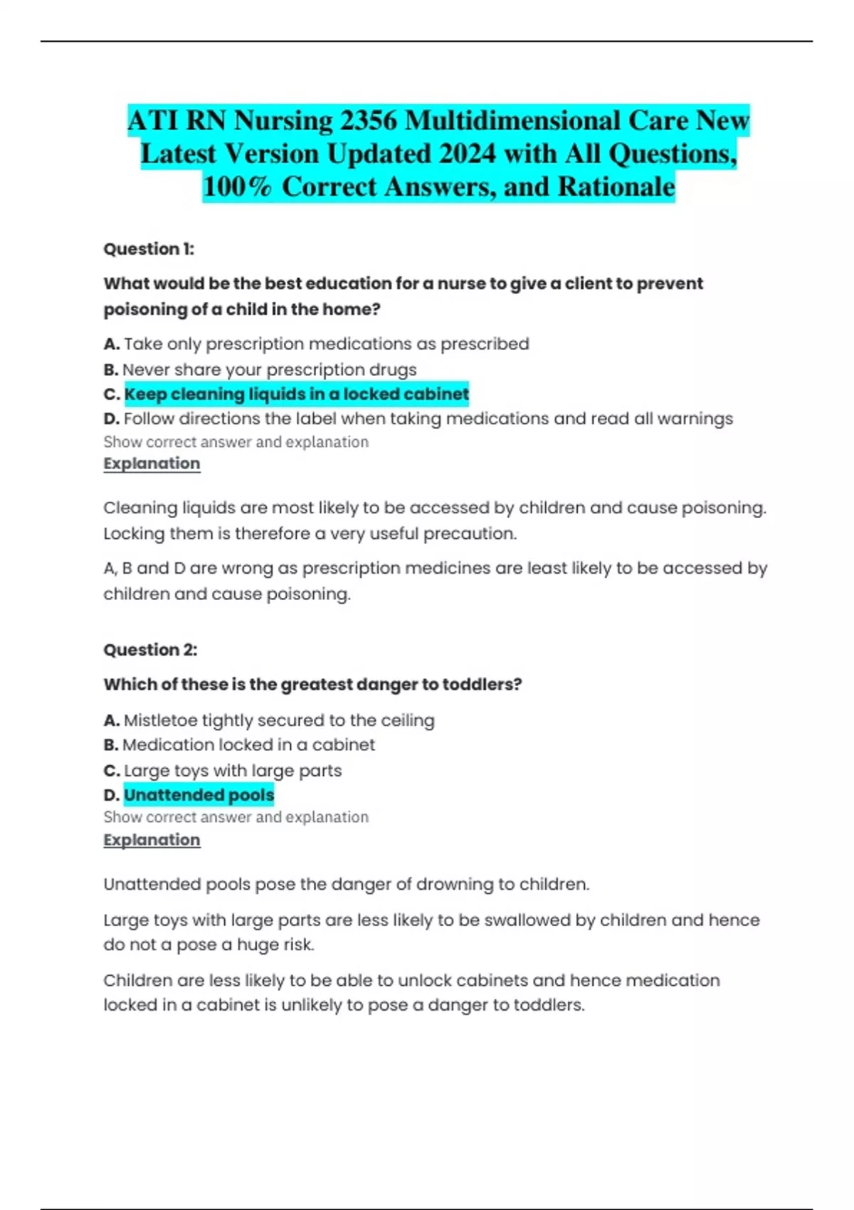 ATI RN Nursing 2356 Multidimensional Care New Latest Version Updated ...