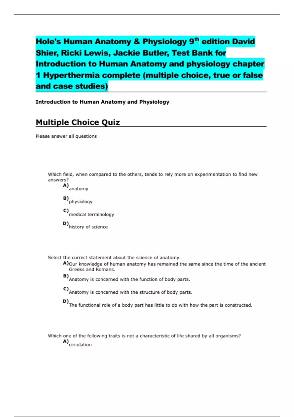 Hole's Human Anatomy & Physiology 9th edition David Shier, Ricki Lewis ...