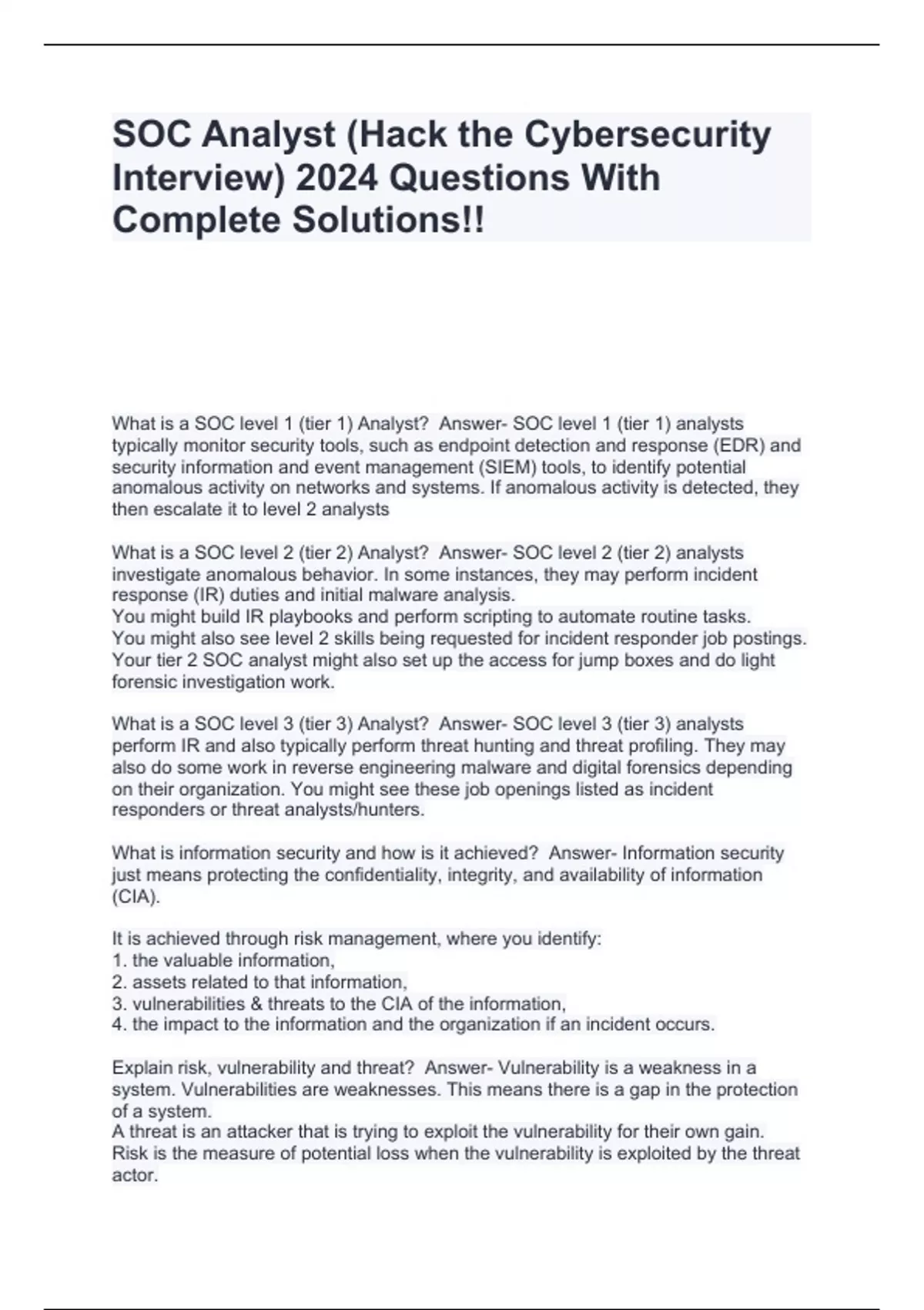 SOC Analyst (Hack the Cybersecurity Interview) 2024 Questions With ...