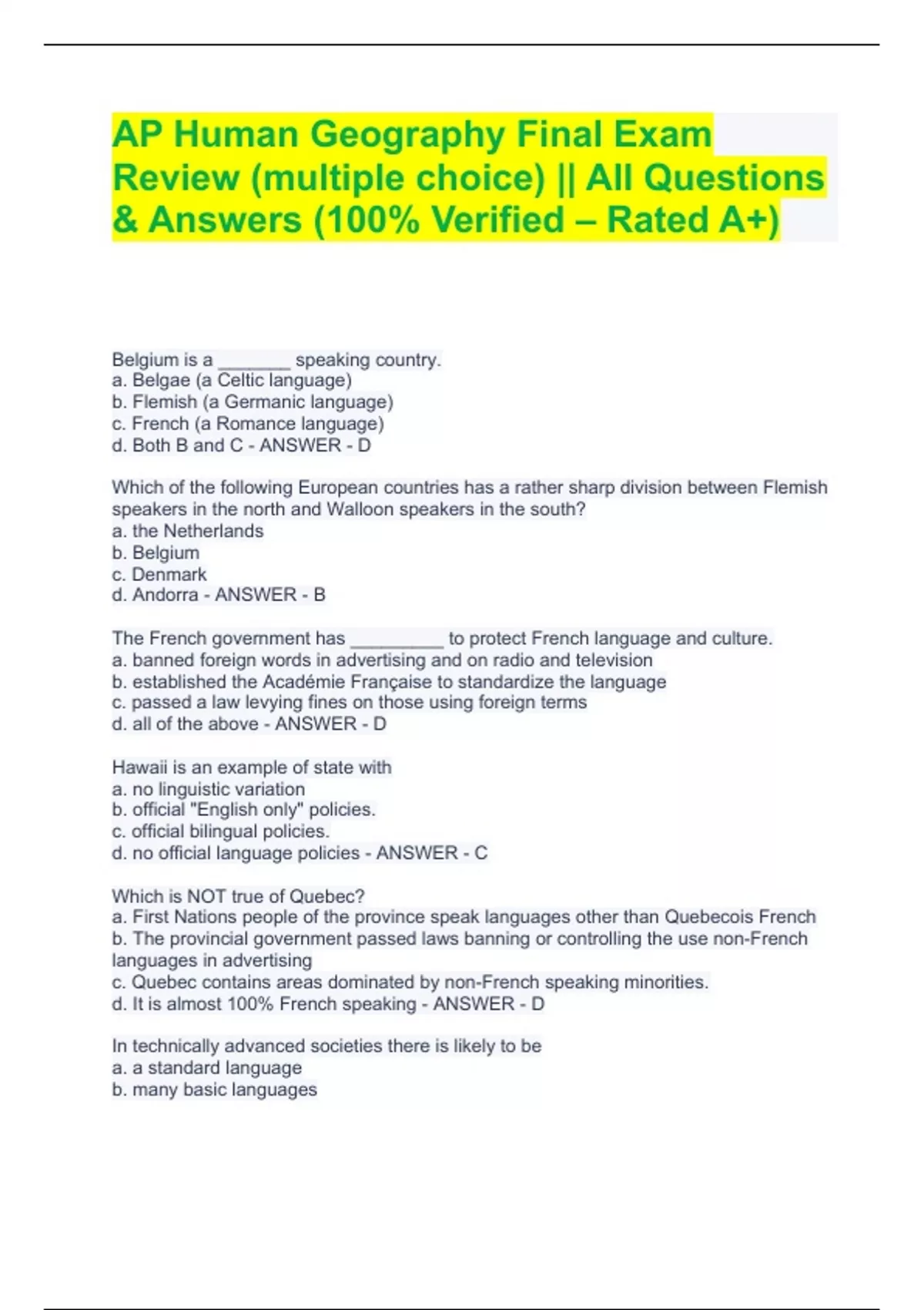AP Human Geography Final Exam Review (multiple choice) || All Questions & Answers (100% Verified ...