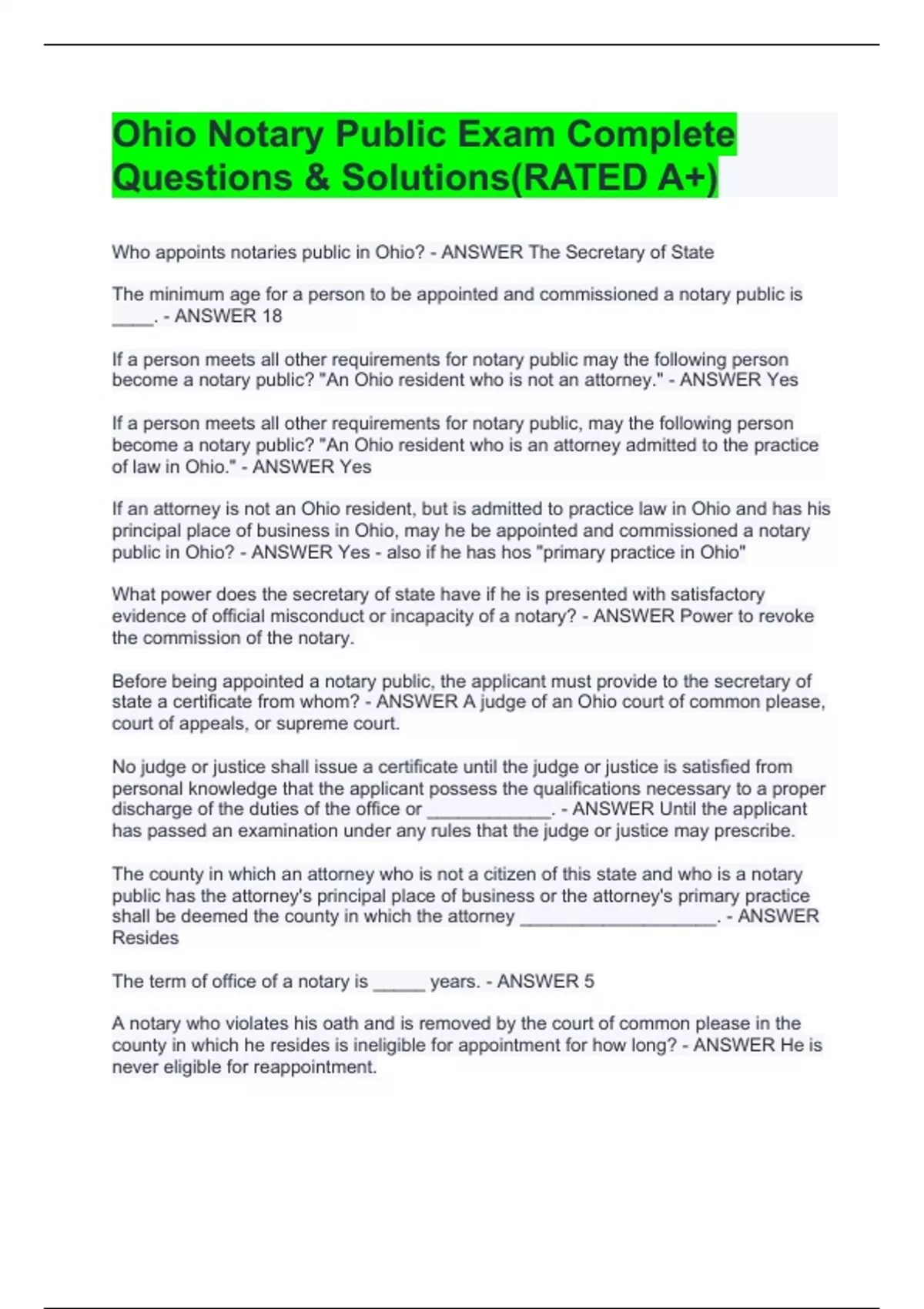 OHIO NOTARY EXAM(Latest Update 2024)Correct 100%PACKAGE DEAL - Stuvia US