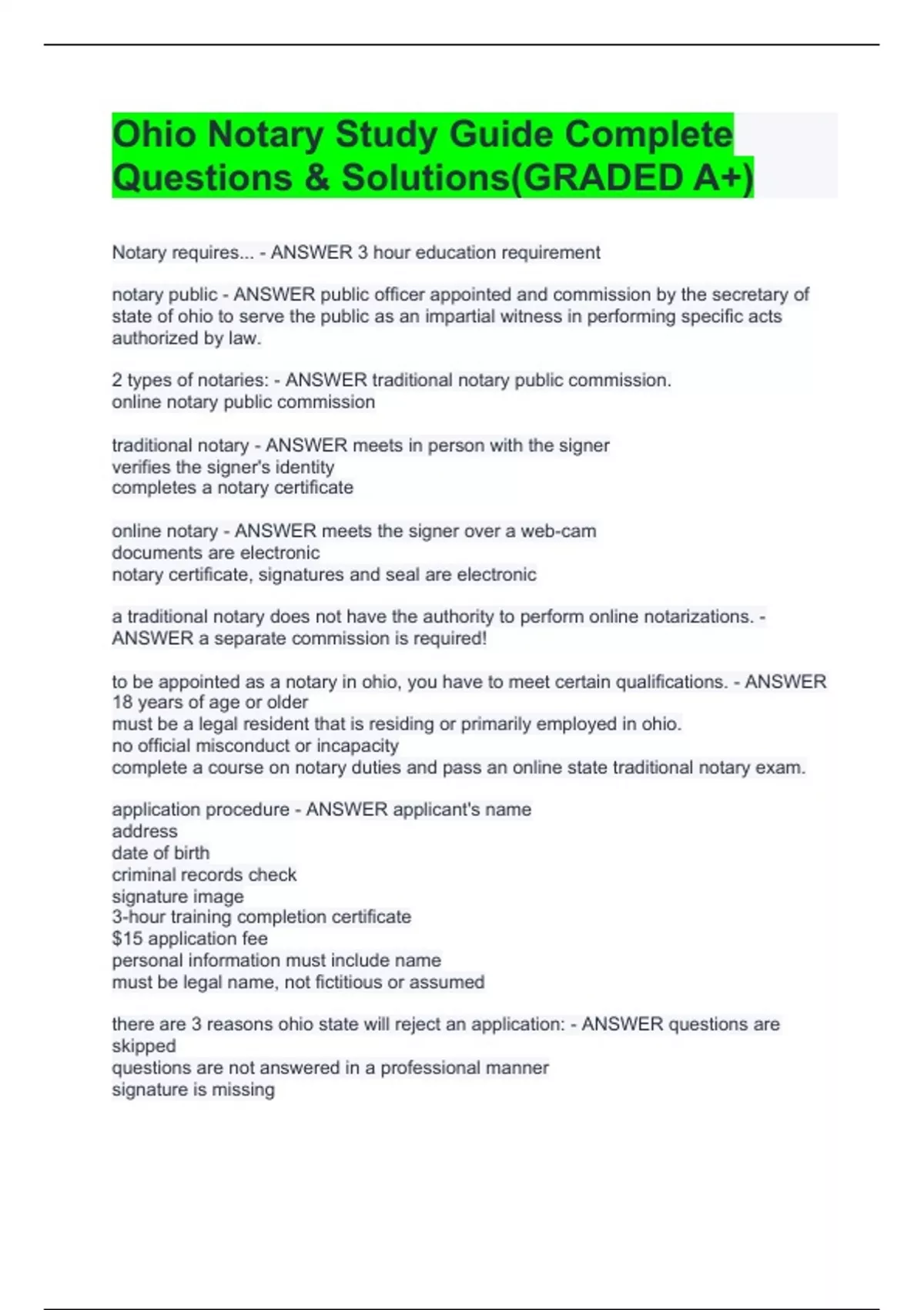 Ohio Notary Study Guide Complete Questions & Solutions(GRADED A+ ...