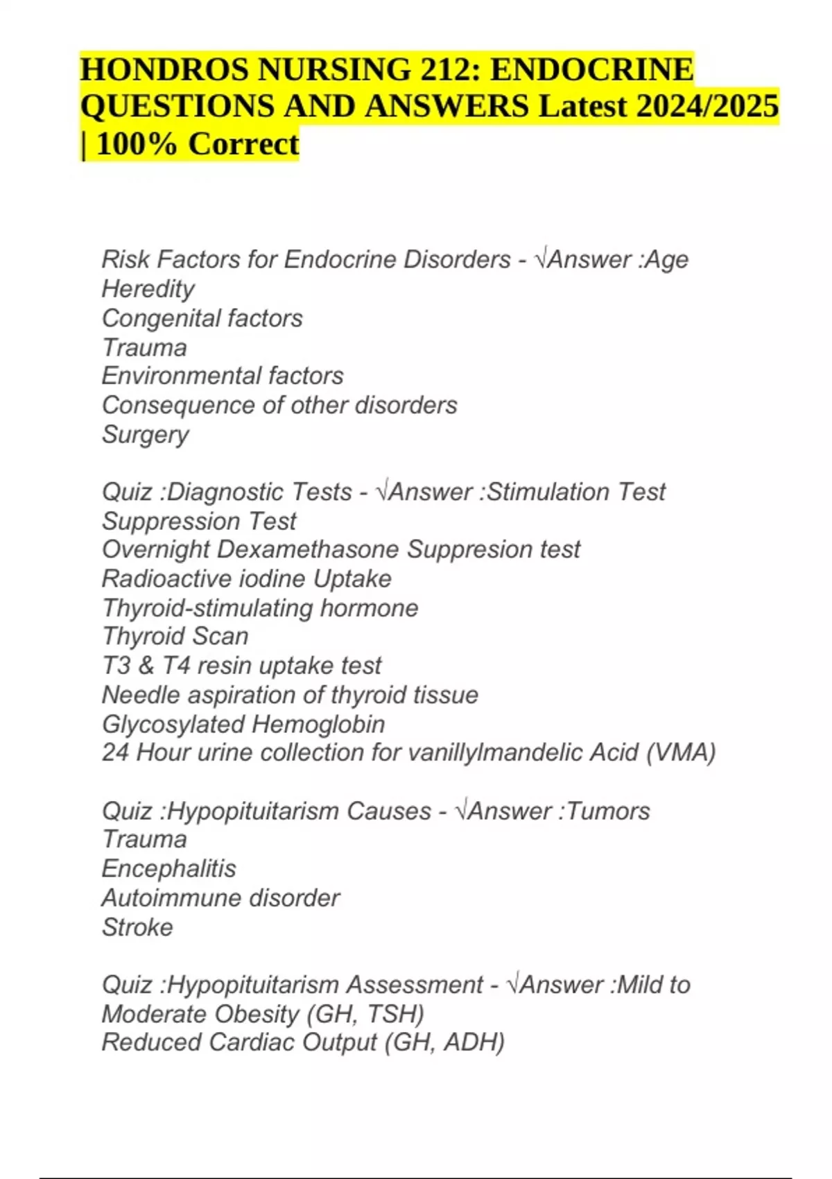 NURSING 212: ENDOCRINE QUESTIONS AND ANSWERS Latest 2024/2025 | 100% ...