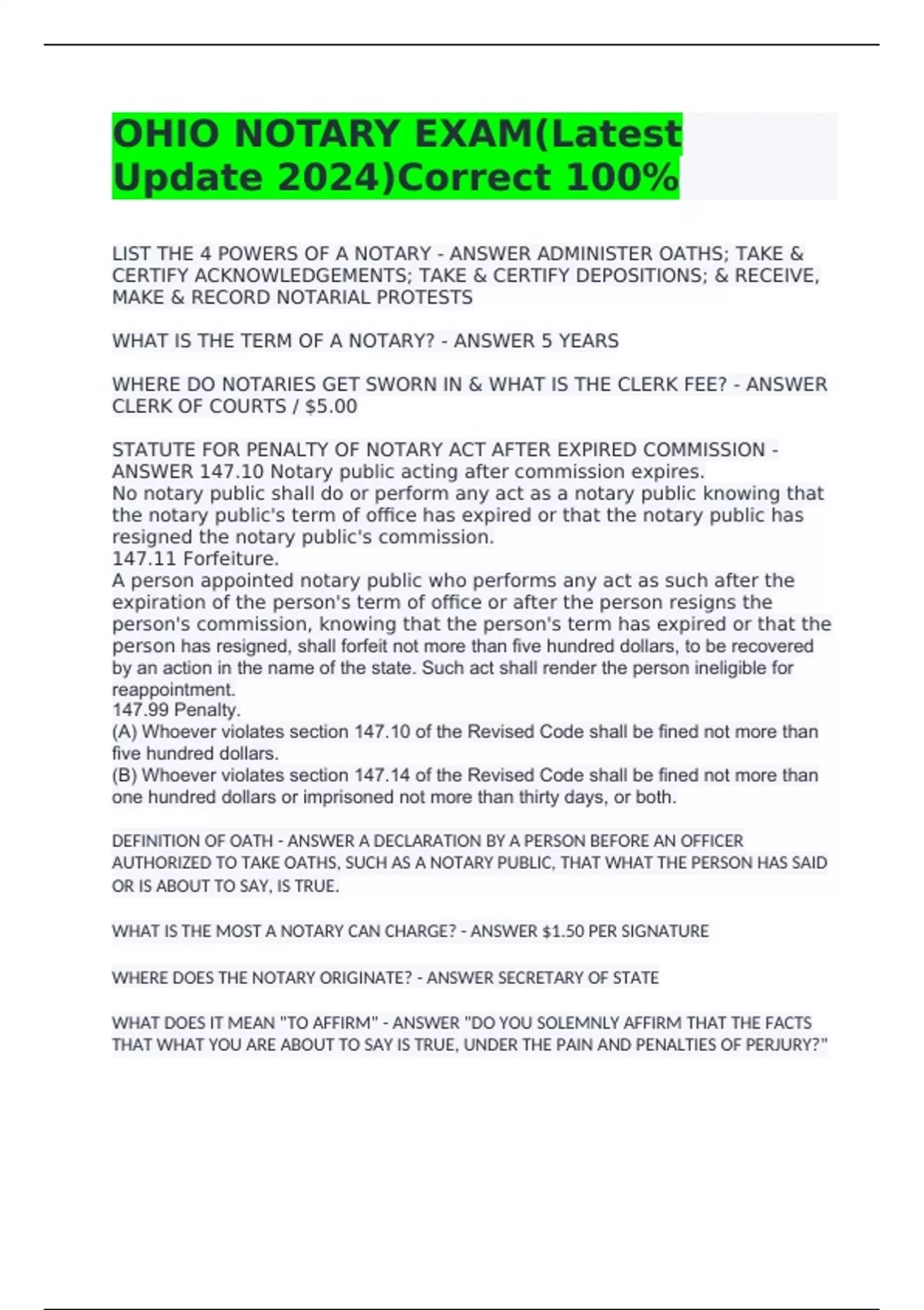 OHIO NOTARY EXAM(Latest Update 2024)Correct 100% - OHIO NOTARY - Stuvia US