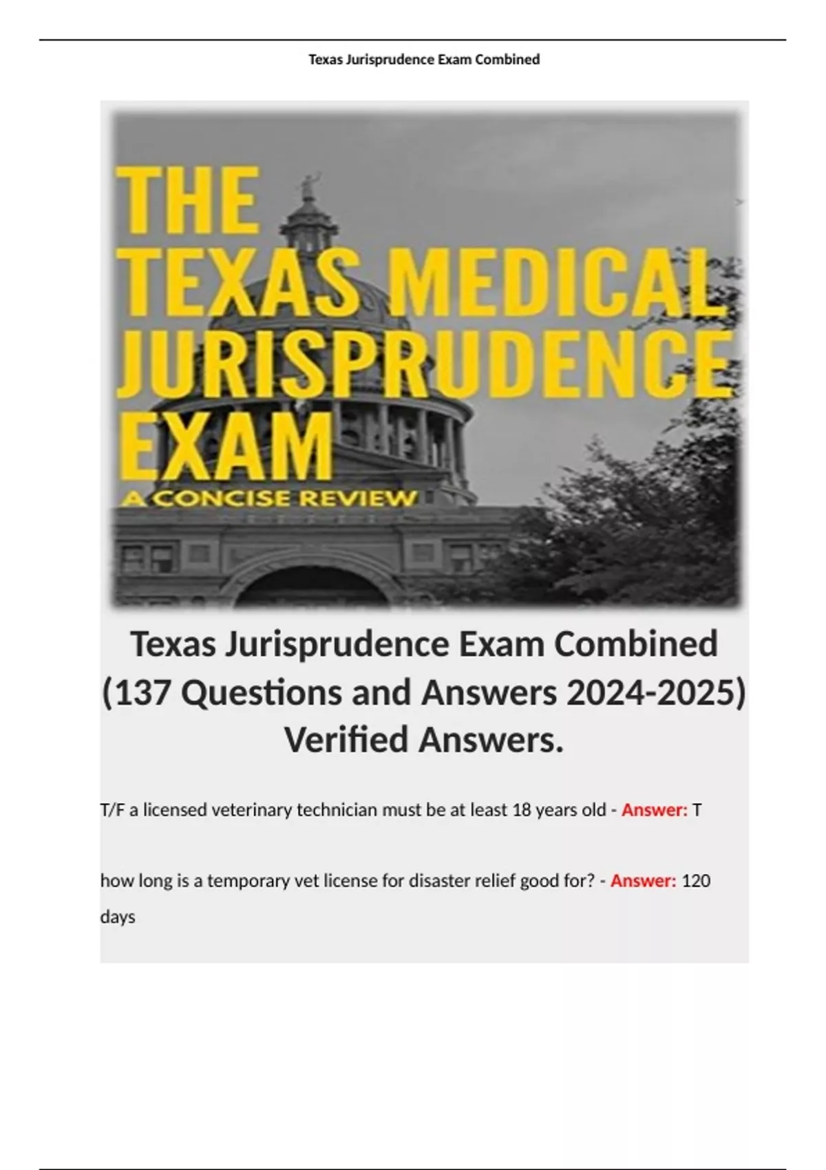 Texas Jurisprudence Exam Combined (137 Questions and Answers ) Verified ...