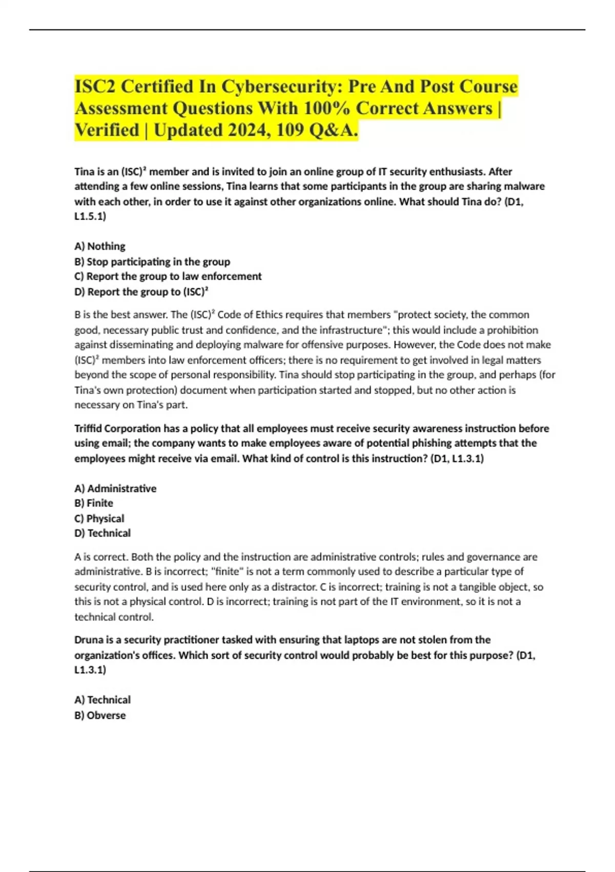 ISC2 Certified In Cybersecurity: Pre And Post Course Assessment ...