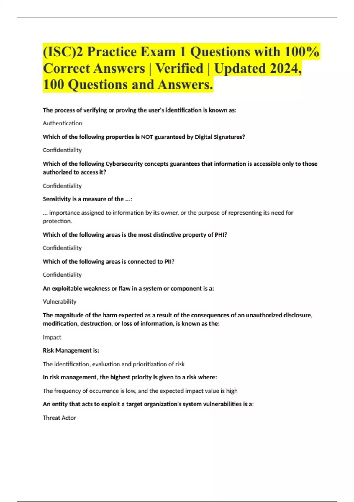 (ISC)2 Practice Exam 1 Questions with 100% Correct Answers | Verified ...