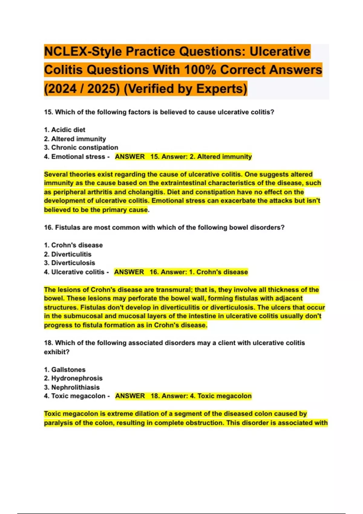 NCLEX-Style Practice Questions: Ulcerative Colitis Questions With 100% ...