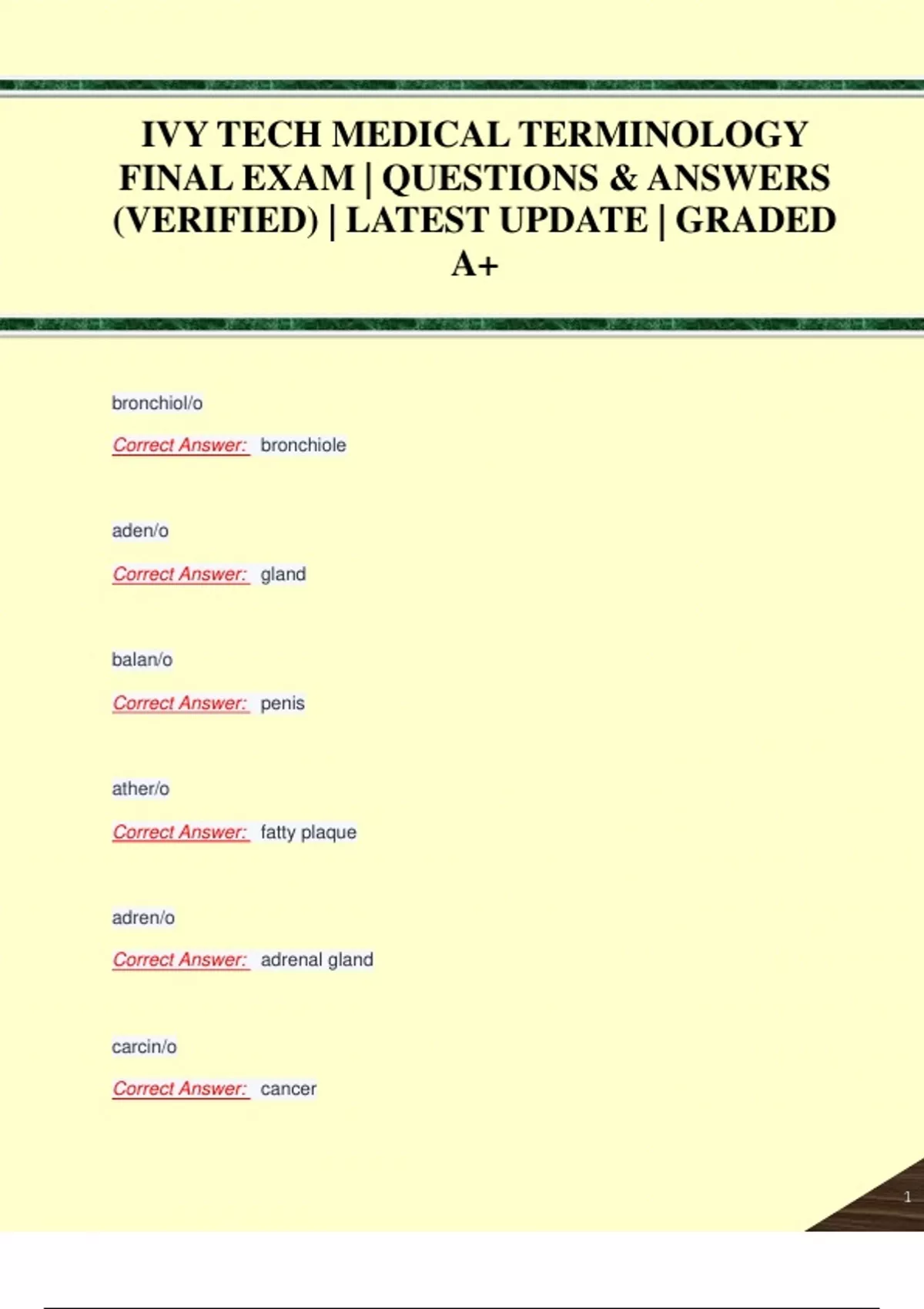 IVY TECH MEDICAL TERMINOLOGY MIDTERM and FINAL EXAM | QUESTIONS ...