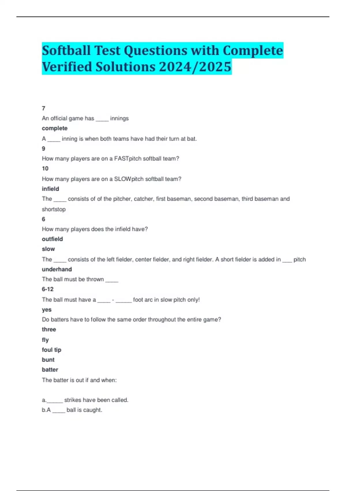 Softball Test Questions with Complete Verified Solutions 2024/2025 ...