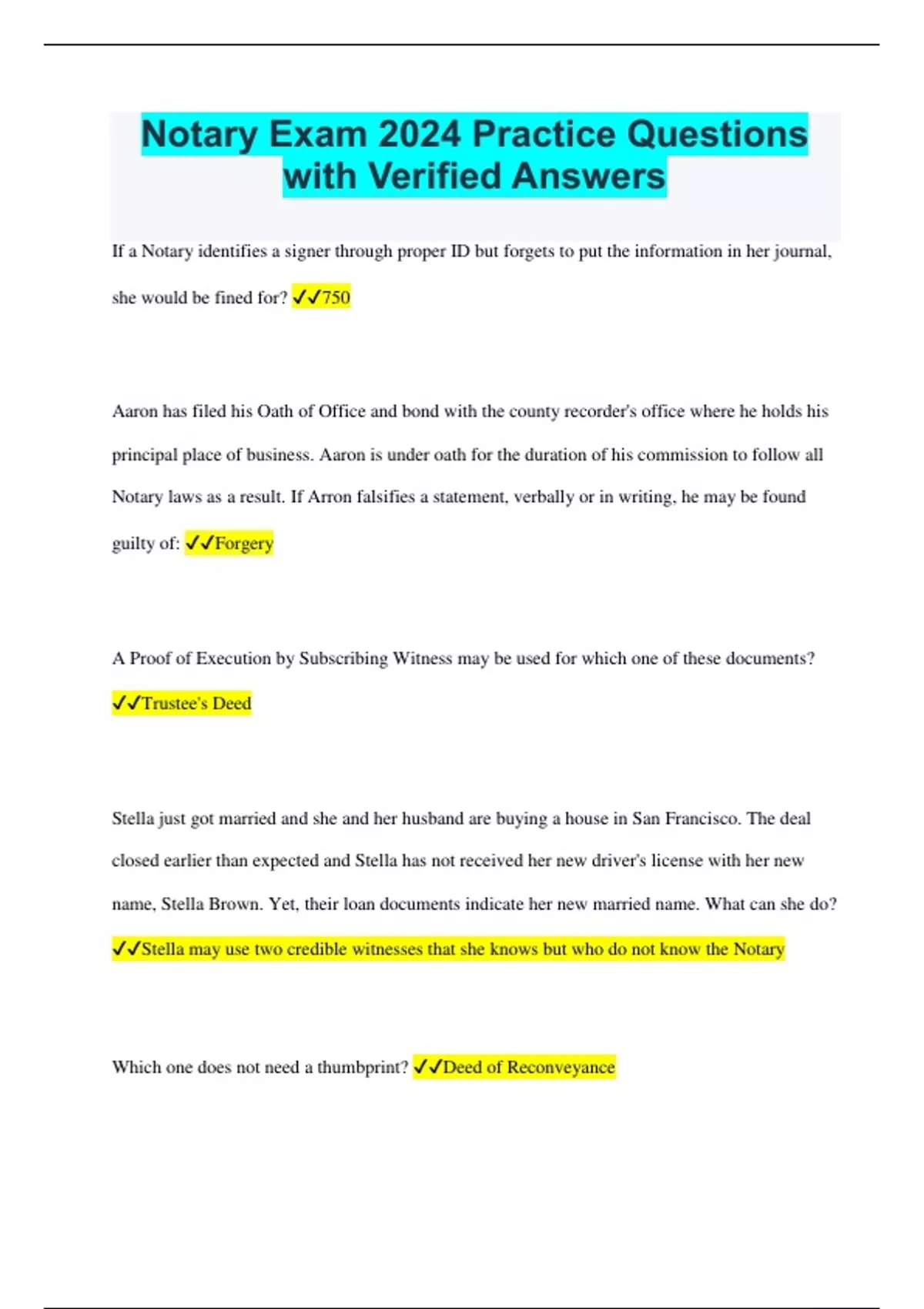 Notary Exam 2024 Practice Questions with Verified Answers - Notary ...