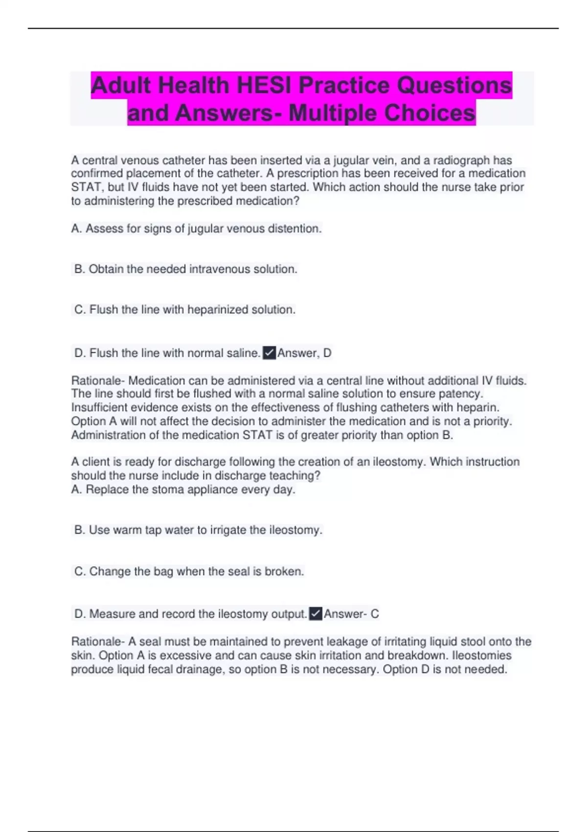 Adult Health HESI Practice Questions and Answers- Multiple Choices ...