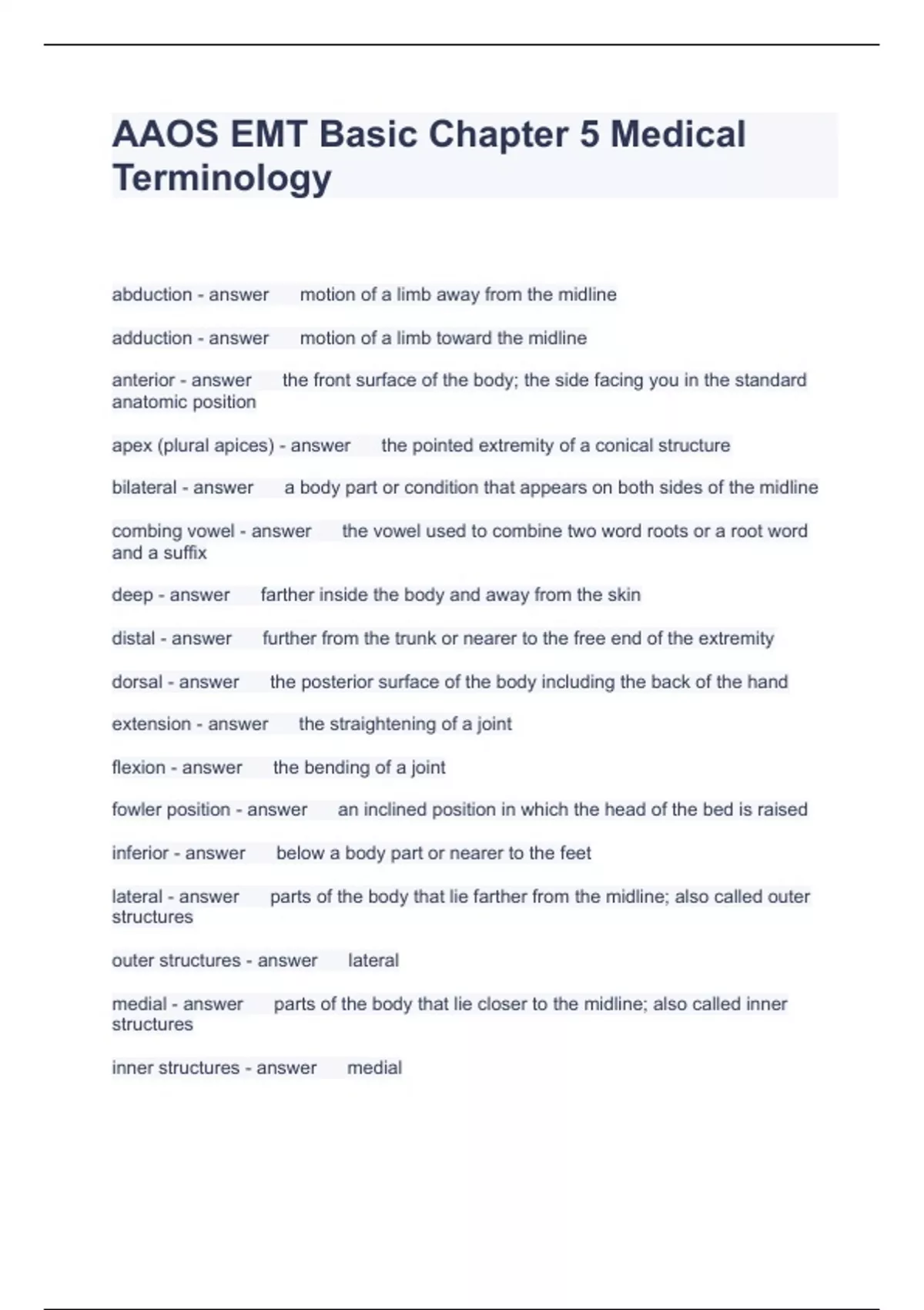 AAOS EMT Basic Chapter 5 Medical Terminology Questions and Answers 100% ...