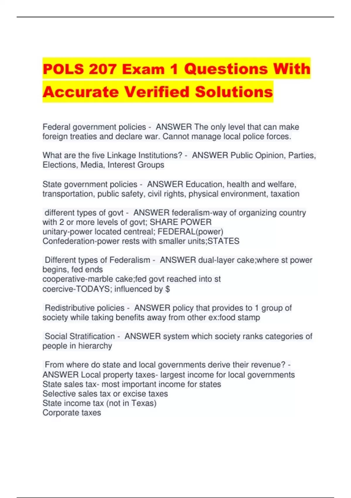 POLS 207 Exam 1 Questions With Accurate Verified SolutionsPOLS 207 Exam ...