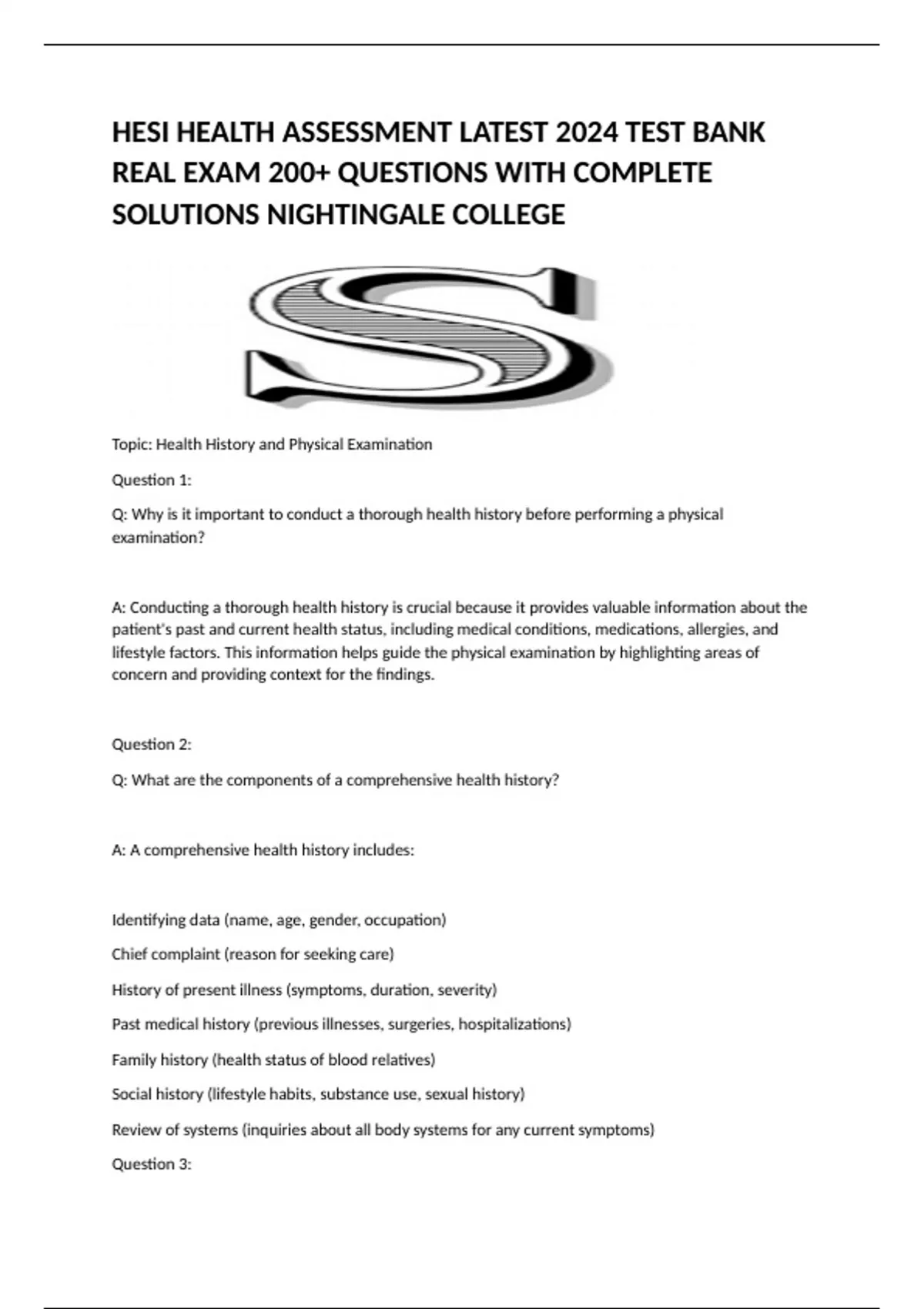 HESI HEALTH ASSESSMENT LATEST 2024 TEST BANK REAL EXAM 200+ QUESTIONS ...