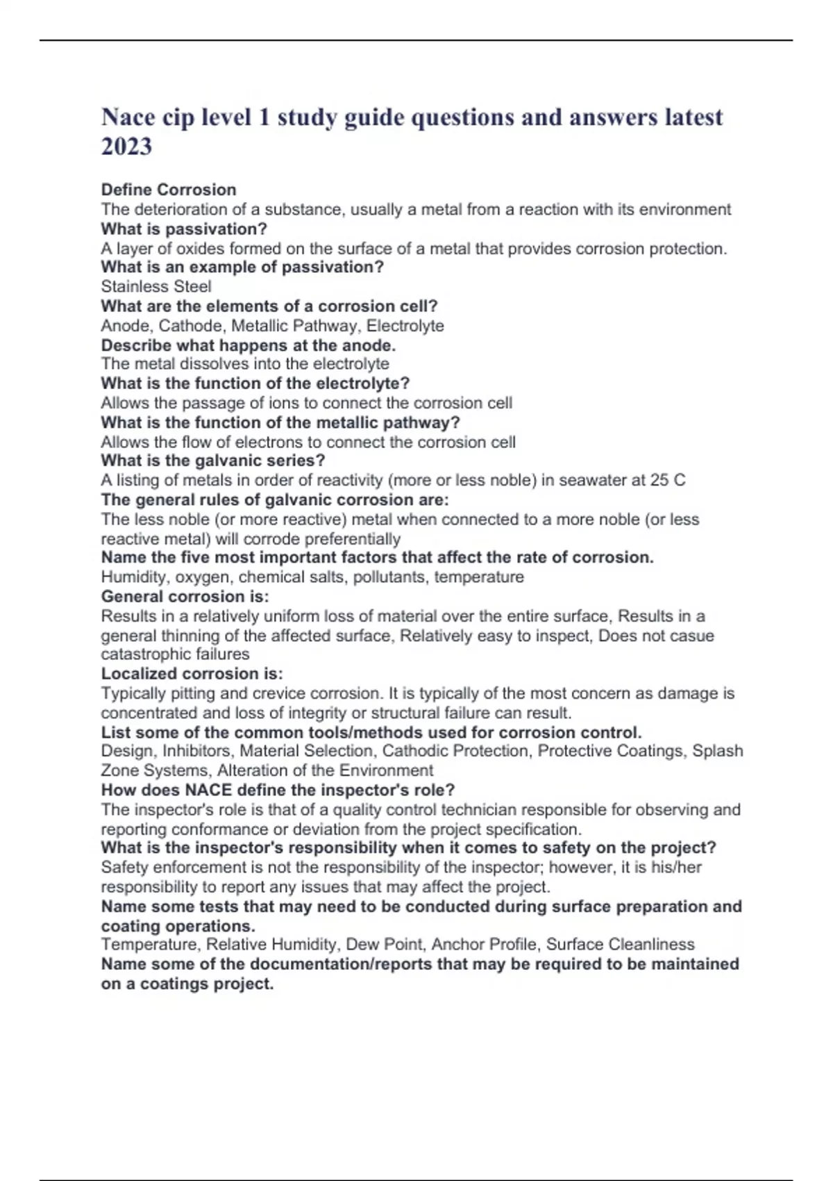 Nace cip level 1 study guide questions and answers latest 2023 - Nace ...