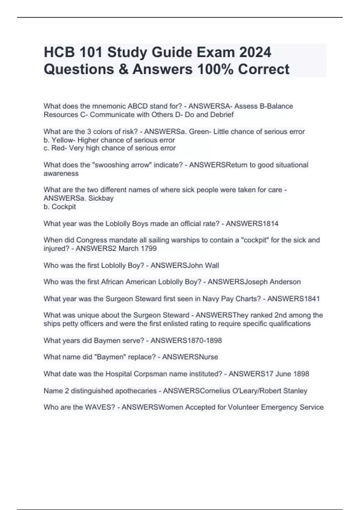 HCB 101 Study Guide Exam 2024 Questions & Answers 100% Correct - HCB 101 - Stuvia US