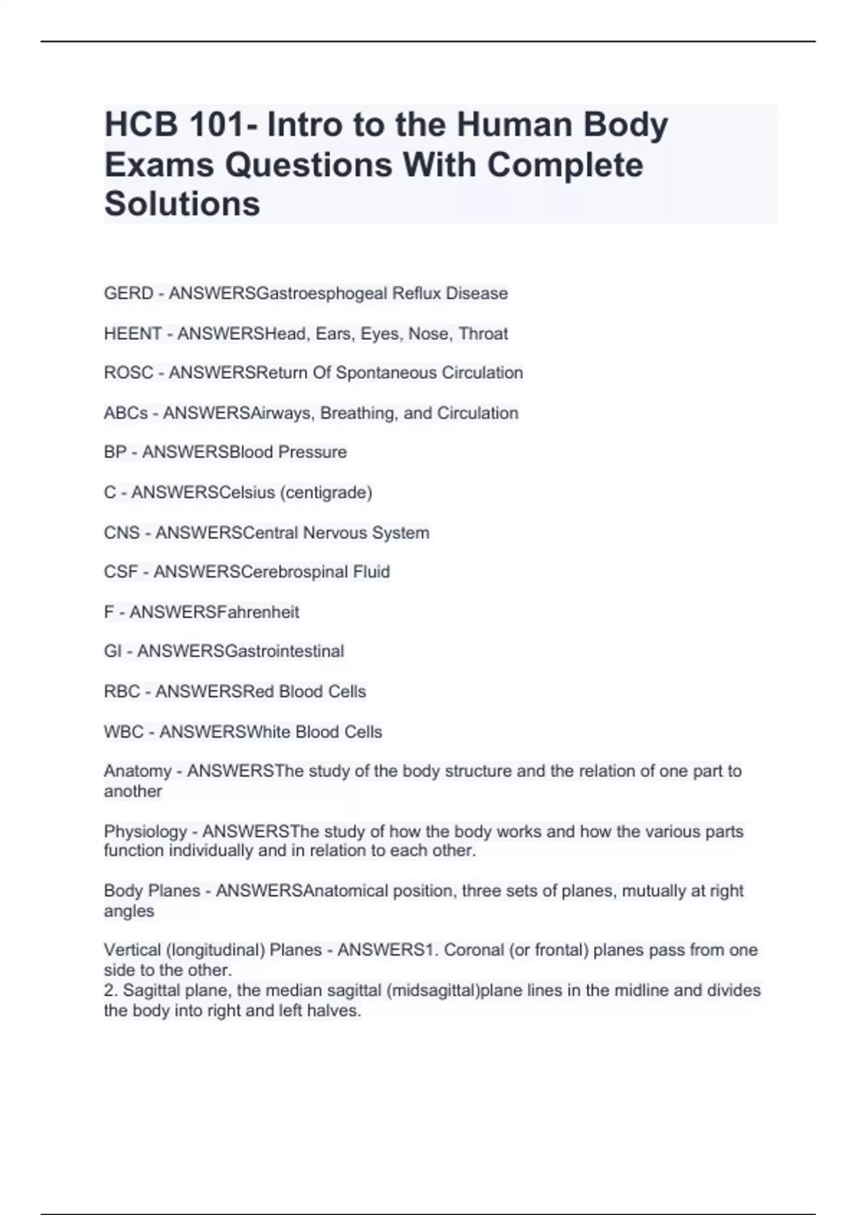 HCB 101- Intro to the Human Body Exams Questions With Complete ...