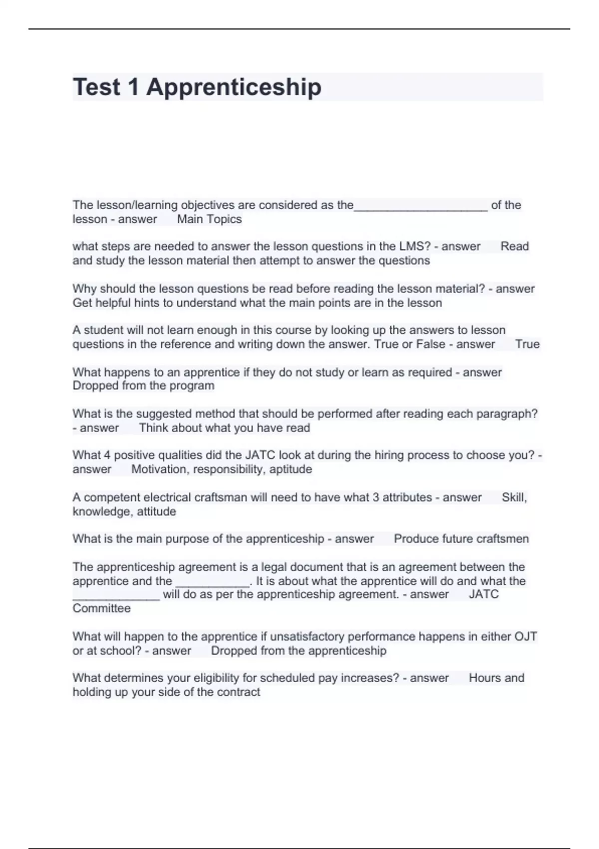 Test 1 Apprenticeship Questions and Answers 2024 - Jatc - Stuvia US
