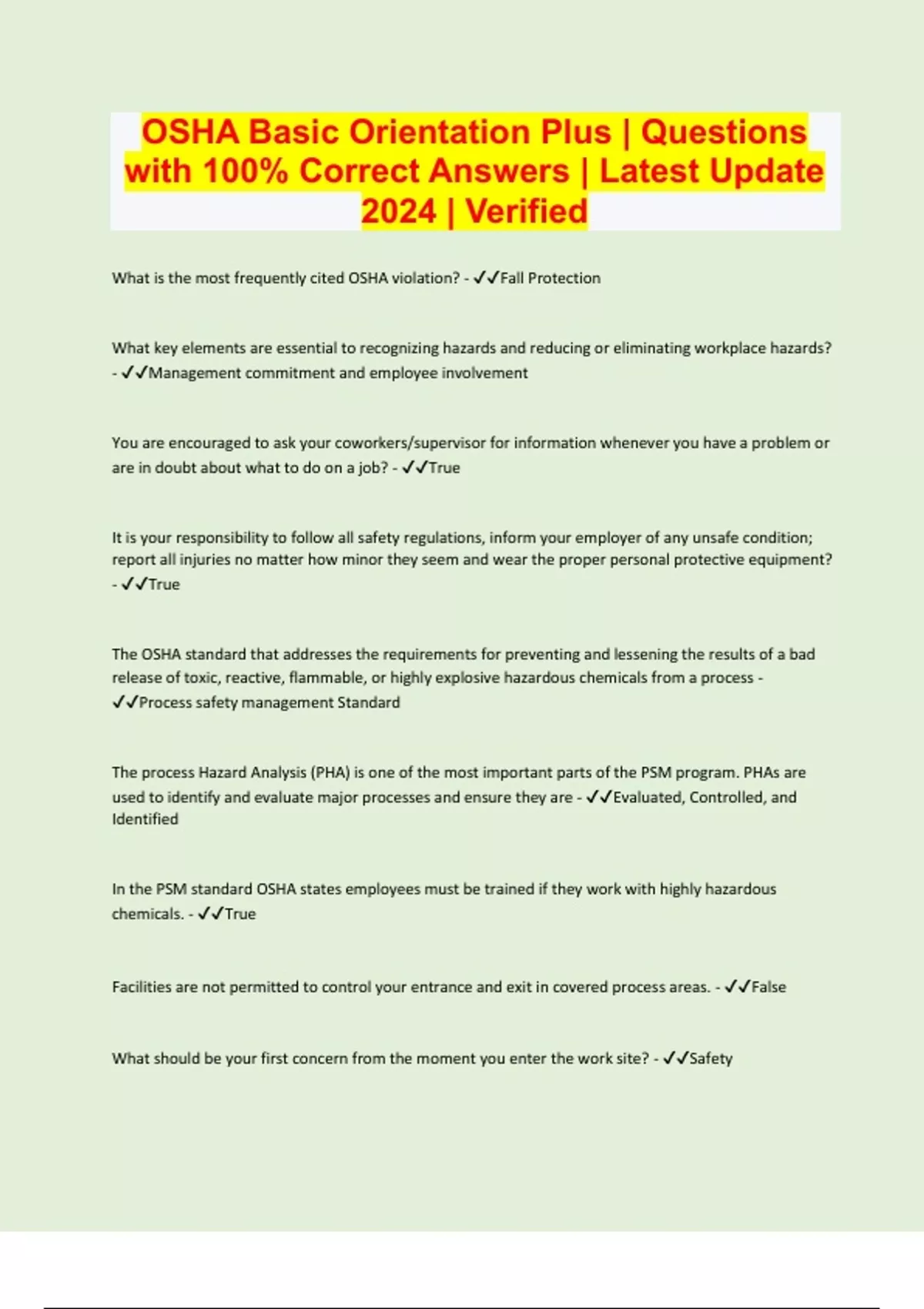 OSHA Basic Orientation Plus | Questions with 100% Correct Answers ...