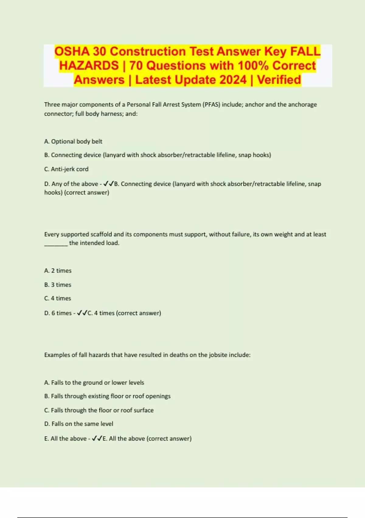 OSHA 30 Construction Test Answer Key FALL HAZARDS | 70 Questions with ...