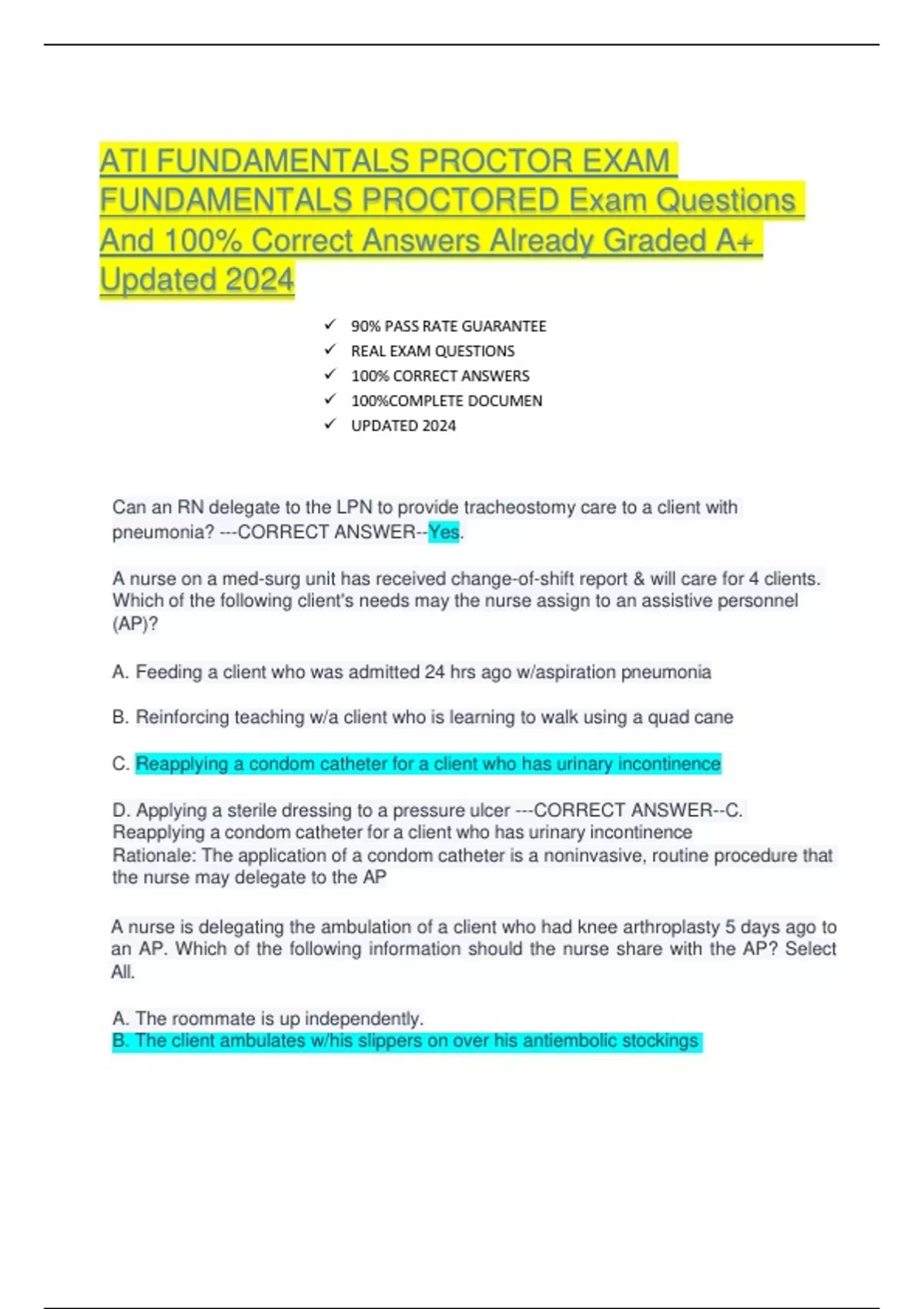 ATI FUNDAMENTALS PROCTOR EXAM FUNDAMENTALS PROCTORED Exam Questions And ...
