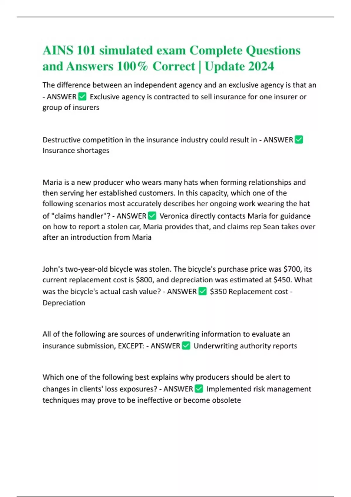 AINS 101 simulated exam Complete Questions and Answers 100% Correct ...