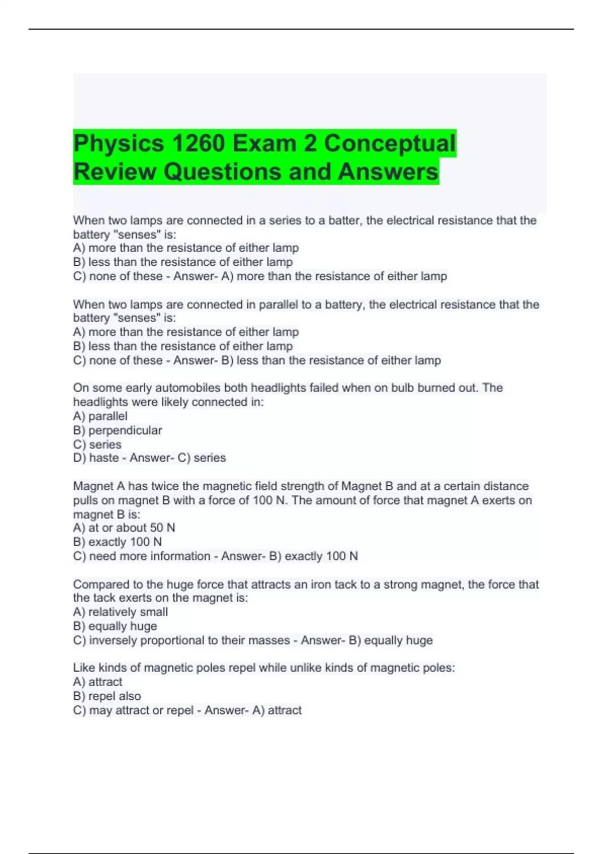 Physics 1260 Exam 2 Conceptual Review Questions and Answers - Physics ...