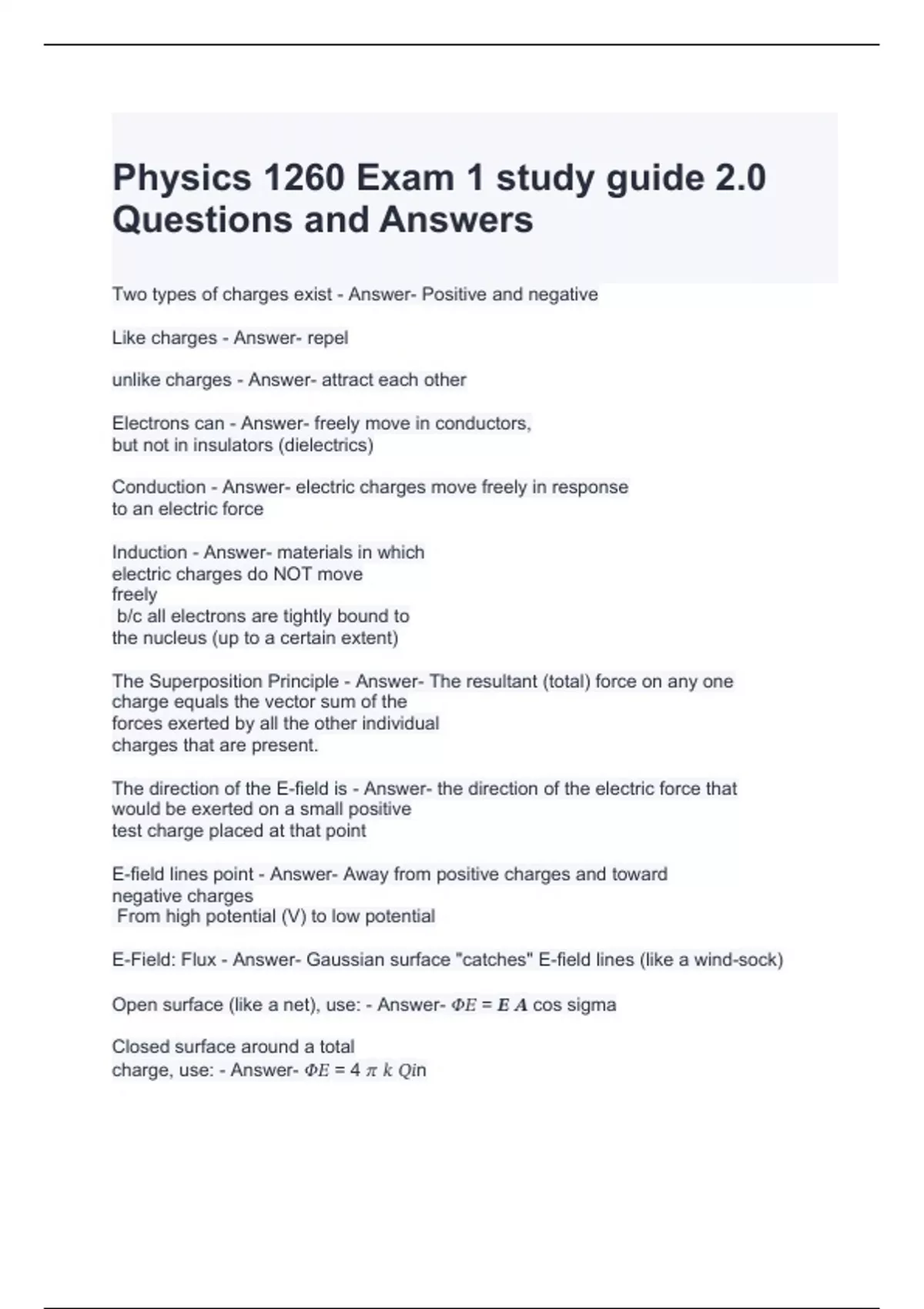 Physics 1260 Exam 1 study guide 2.0 Questions and Answers - Physics ...