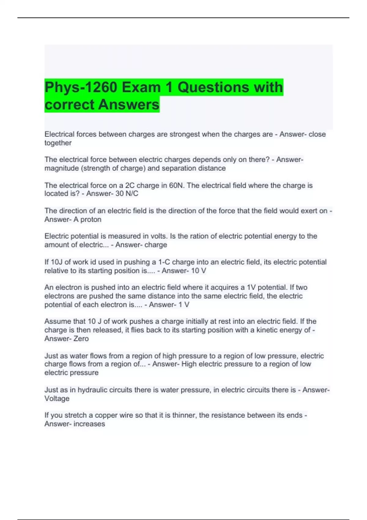 Phys-1260 Exam 1 Questions with correct Answers - Physics 1260 - Stuvia US