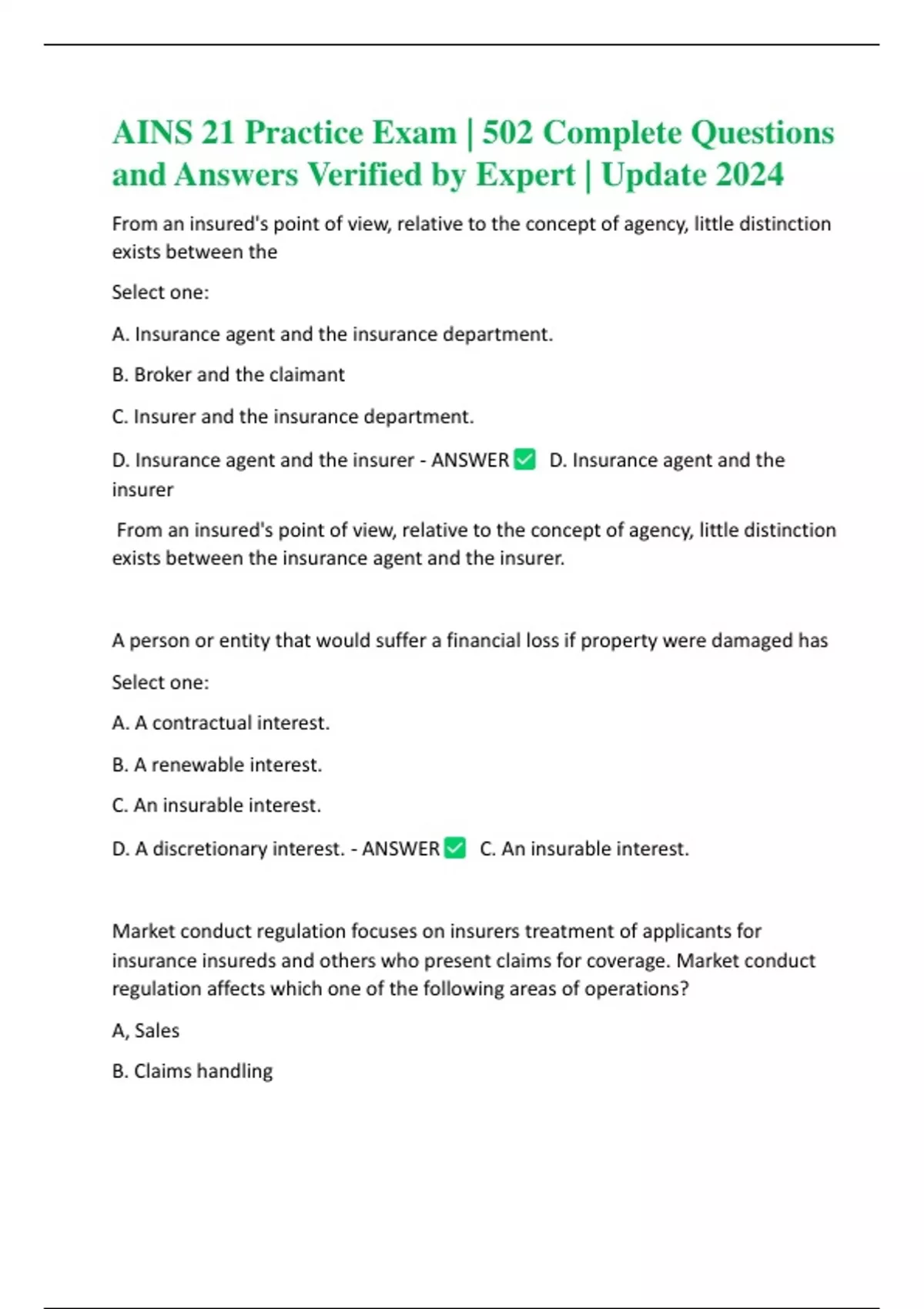 AINS 21 Practice Exam | 502 Complete Questions and Answers Verified by Expert | Update 2024 ...