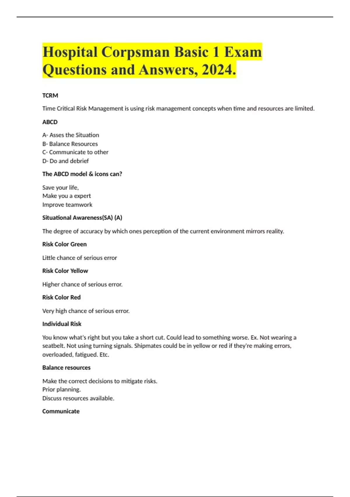 Hospital Corpsman Basic 1 Exam Questions and Answers, 2024. - Navy ...