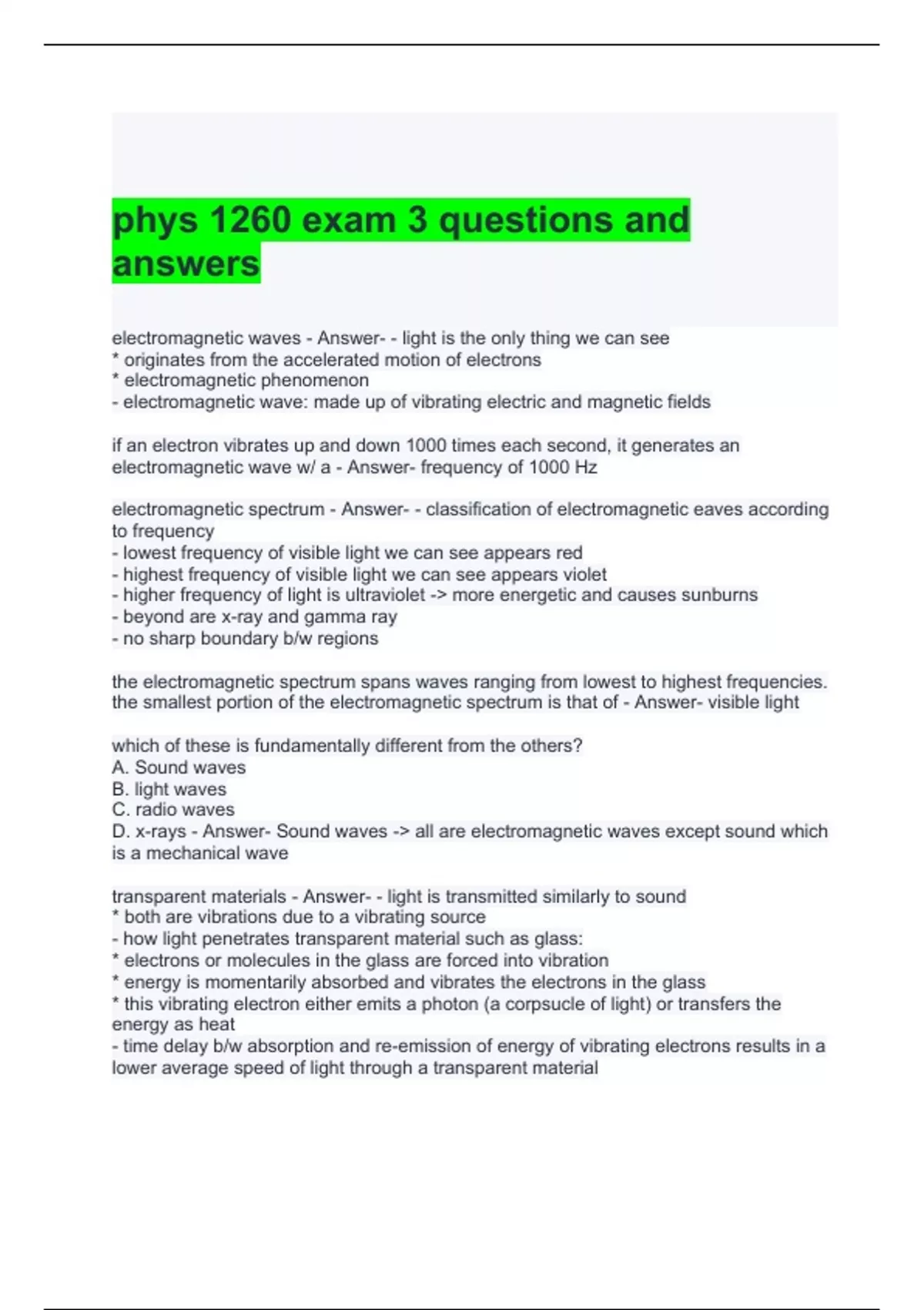 phys 1260 exam 3 questions and answers - Physics 1260 - Stuvia US