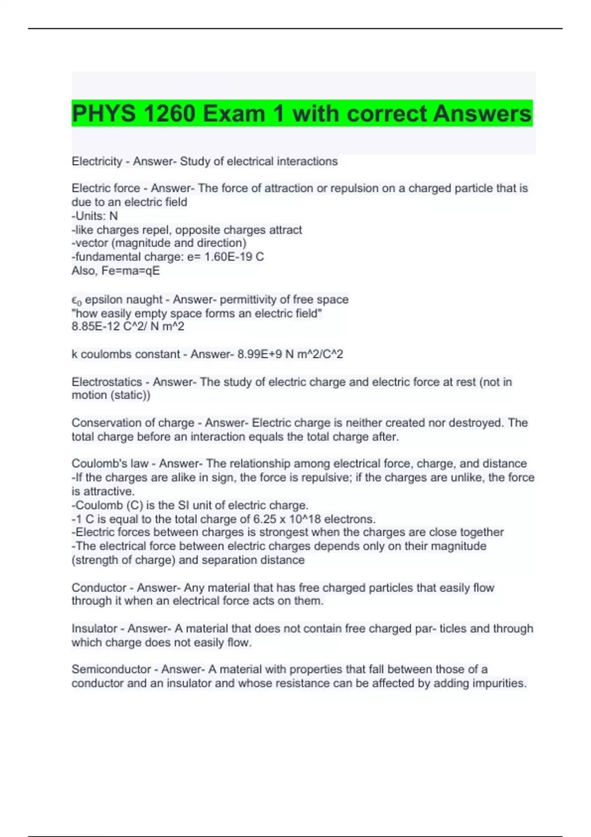 PHYS 1260 Exam 1 with correct Answers - Physics 1260 - Stuvia US