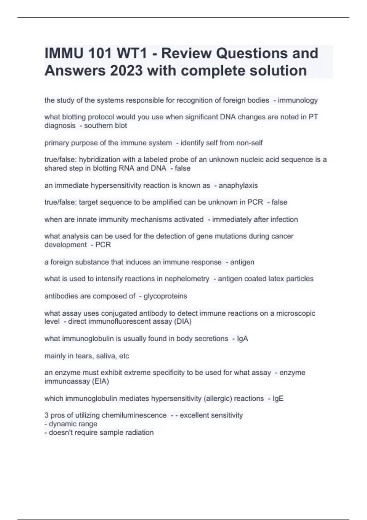 IMMU 101 WT1 - Review Questions and Answers 2024 with complete solution - Nursing - Stuvia US