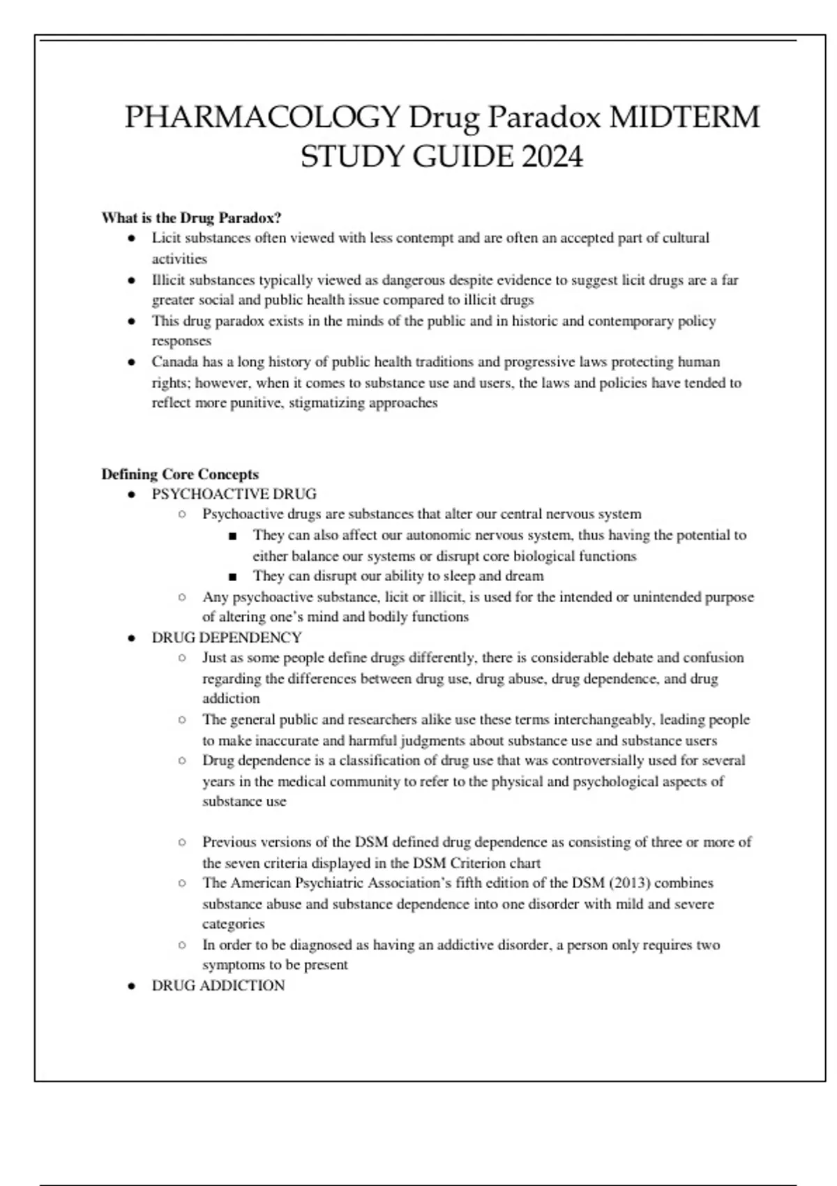 PHARMACOLOGY DRUG PARADOX MIDTERM STUDY GUIDE 2024 - NURSING PROGRAM ...