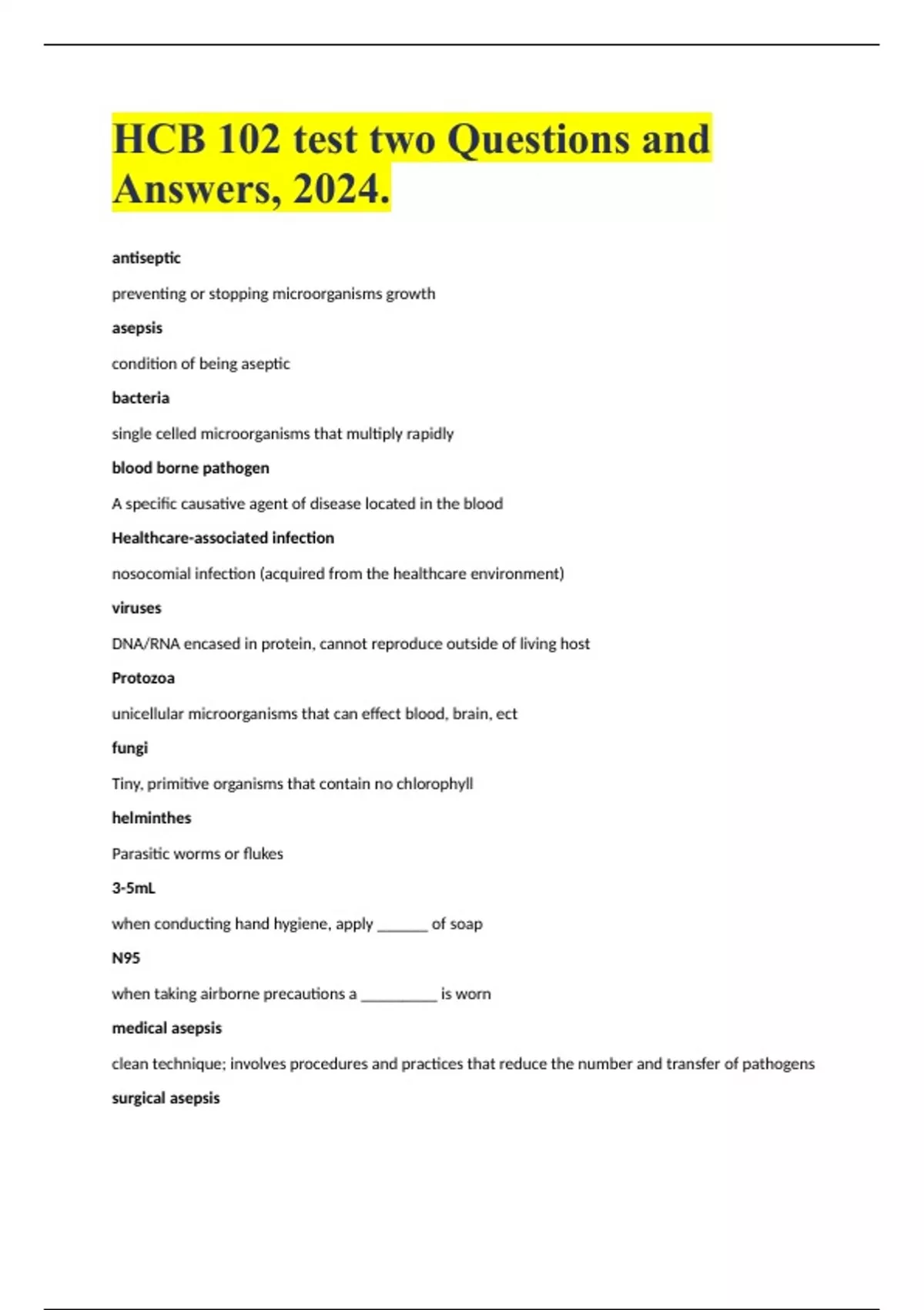 HCB 102 test two Questions and Answers, 2024. - Navy Hospital Corpsman ...
