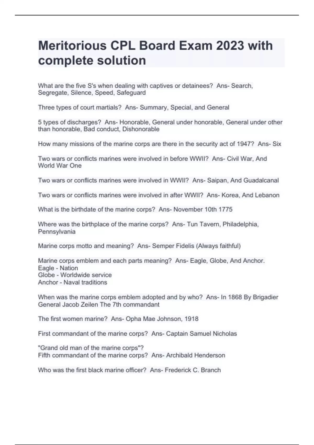 Meritorious CPL Board Exam 2024 with complete solution - Nursing - Stuvia US