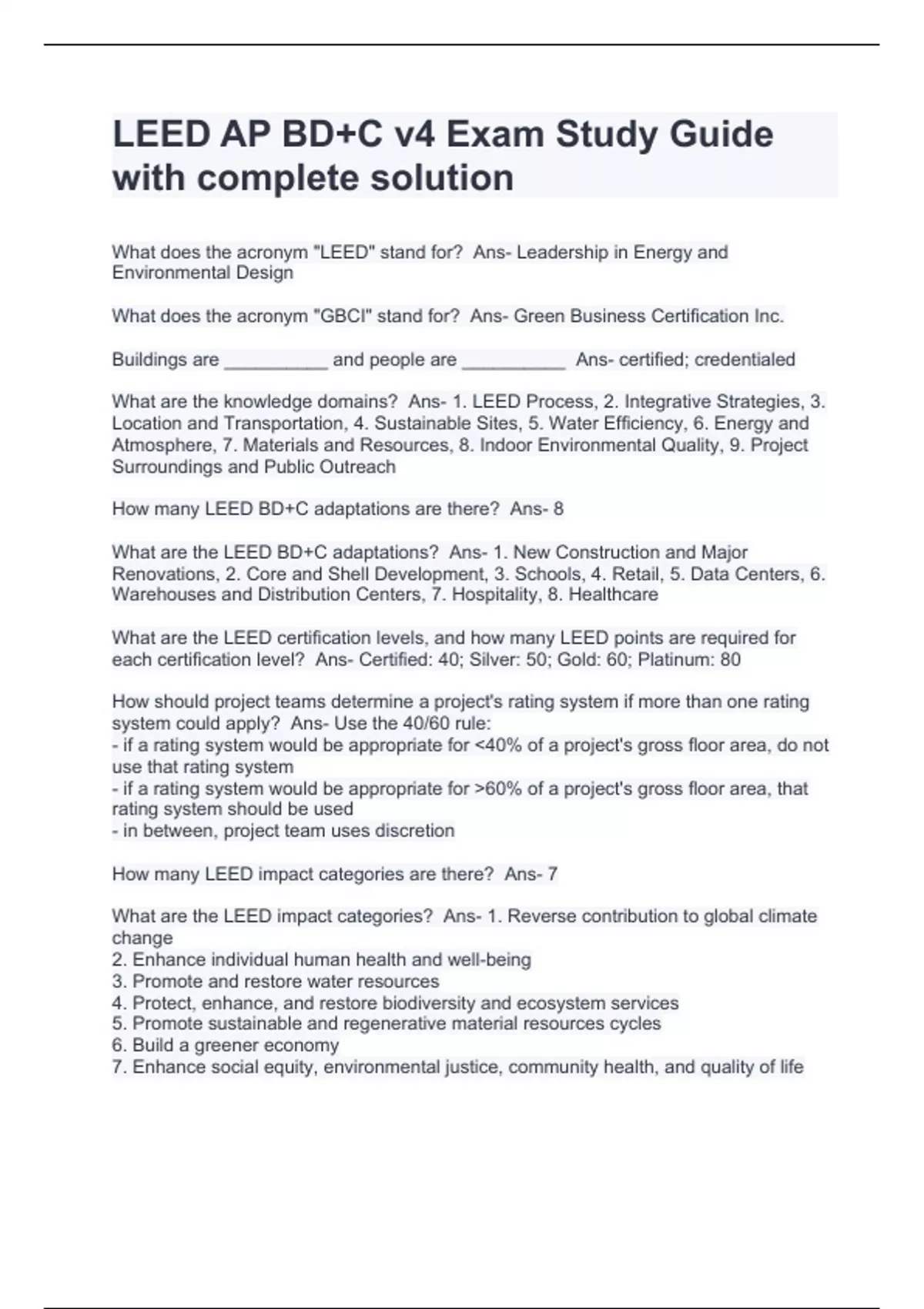 LEED AP BD+C v4 Exam Study Guide with complete solution - Nursing ...